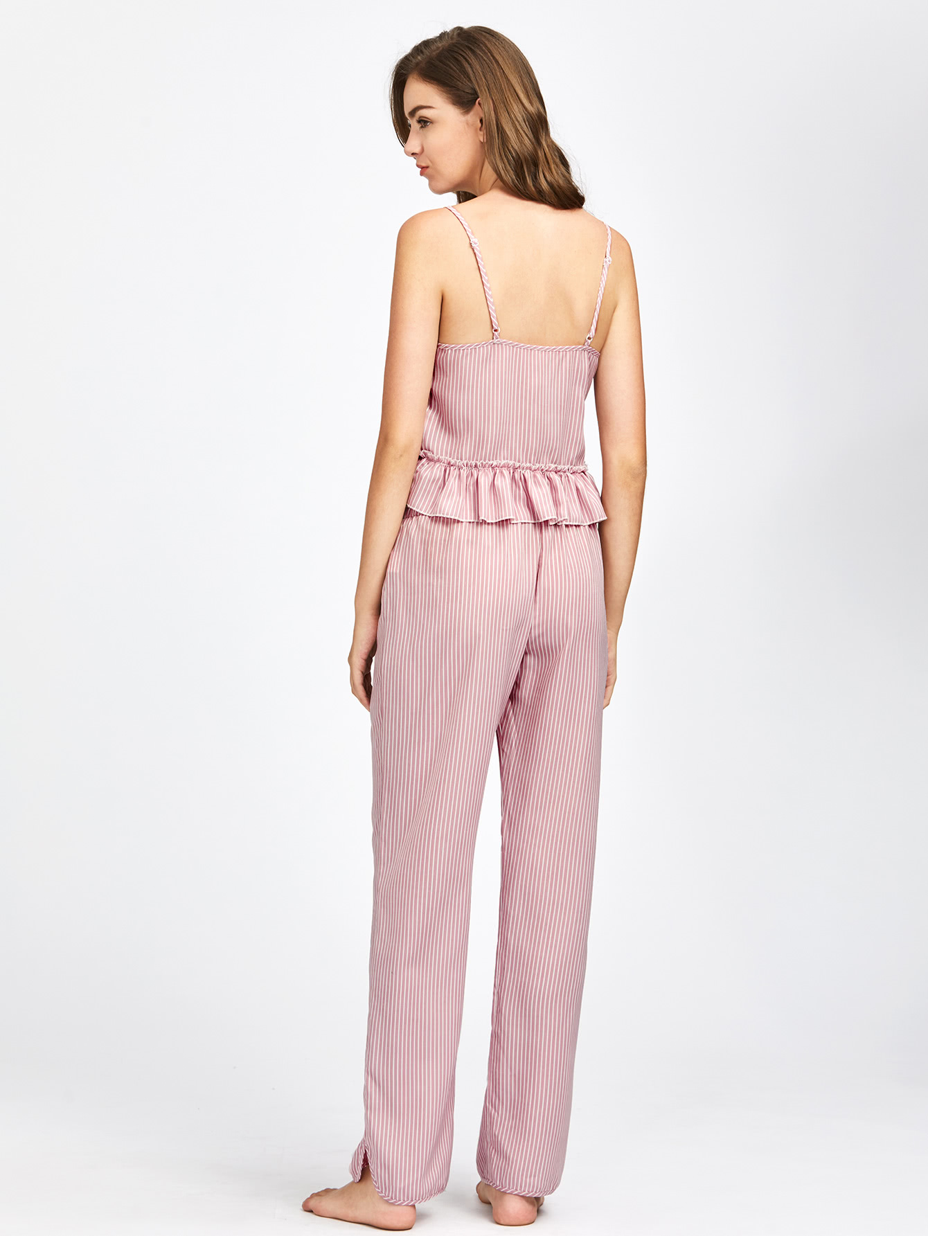 Frill Trim Striped Cami And Belted Pants Pajama Set Sheinsheinside