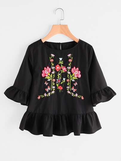 Buttoned Keyhole Back Flower Embroidered Ruffle Top Shein Sheinside