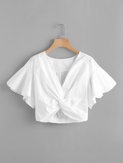 V Neckline Twist Knot Front Crop Top Shein Sheinside