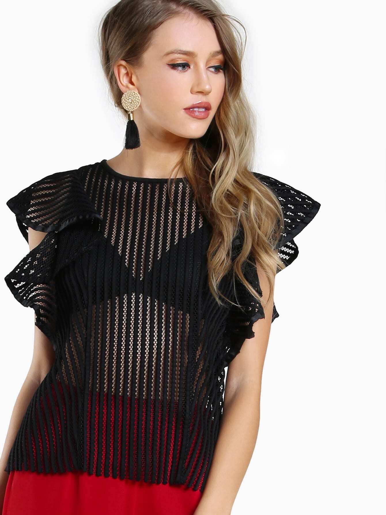 Flutter Sleeve Striped Mesh Top Shein Sheinside