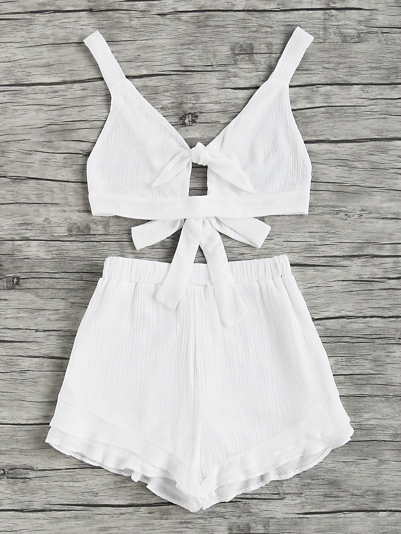 Split Knot Front Bow Tie Backless Pleat Crop Top With Shortsfor Women Romwe