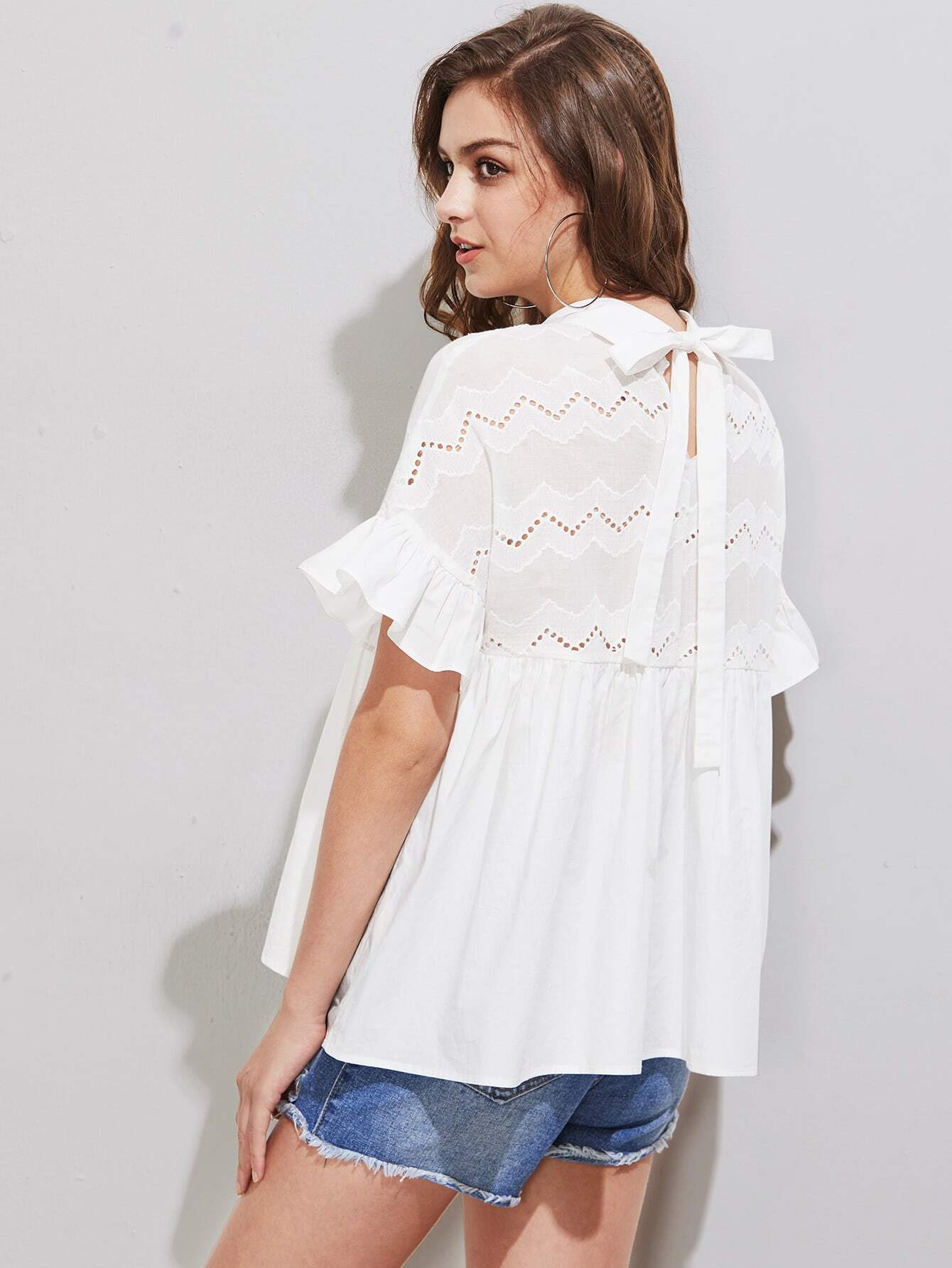 Eyelet Embroidered Yoke Frill Sleeve Tie Back Smock Top Shein Sheinside