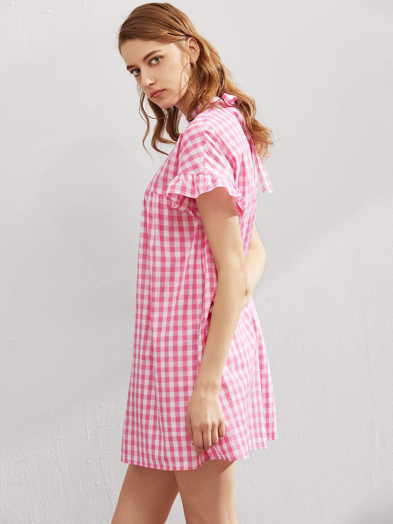 Checkered Ruffle Sleeve Keyhole Tie Back Smock Dress Shein Sheinside
