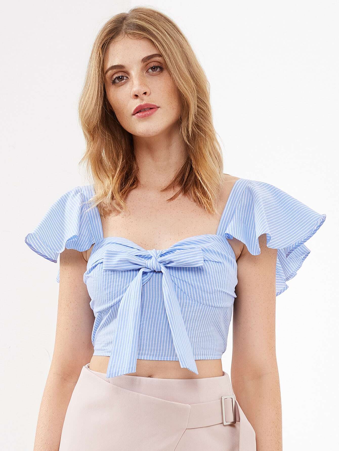 Flutter Sleeve Bow Front Smocked Bustier Top Shein Sheinside