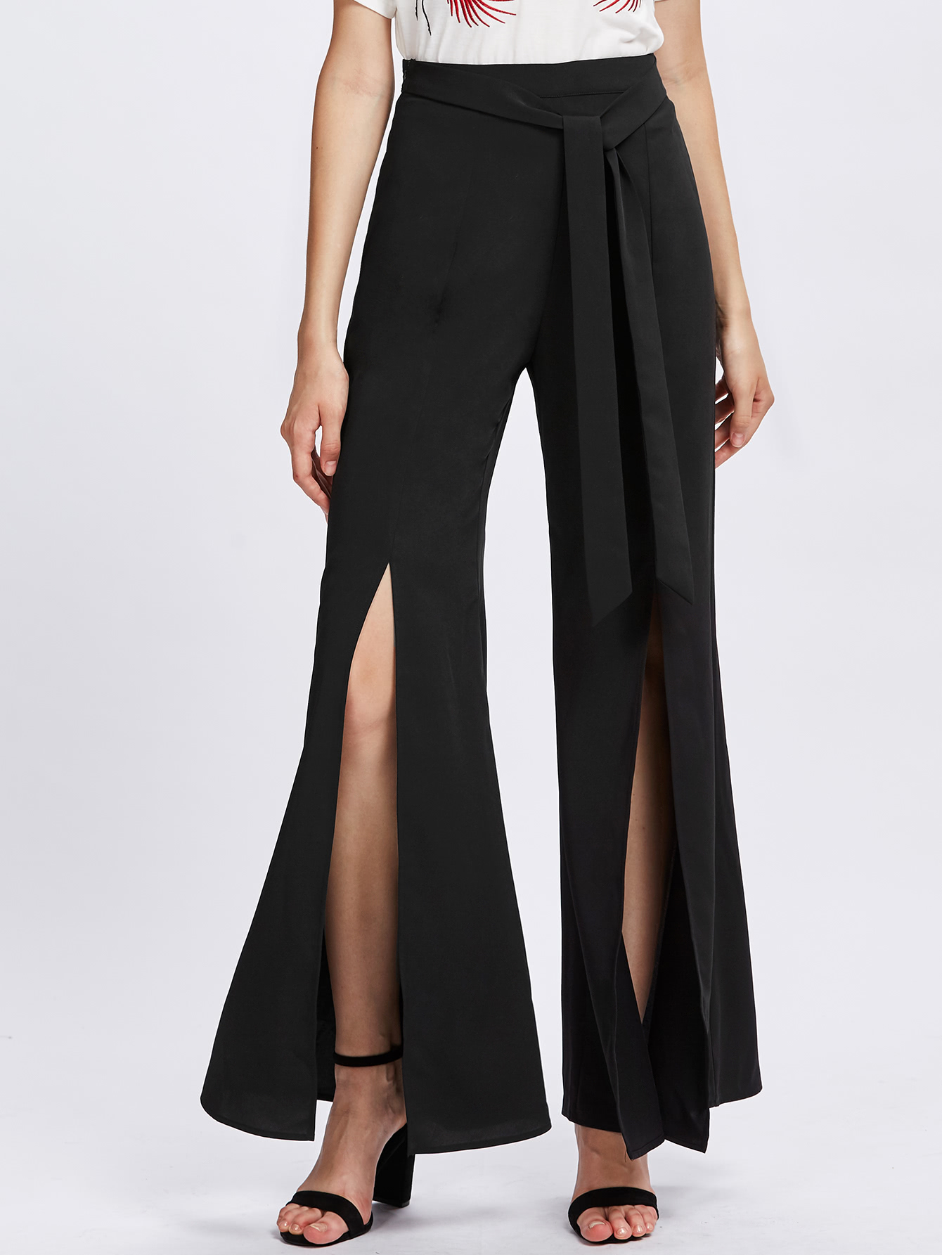 Self Tie Split Front Flared Pants -SheIn(Sheinside)