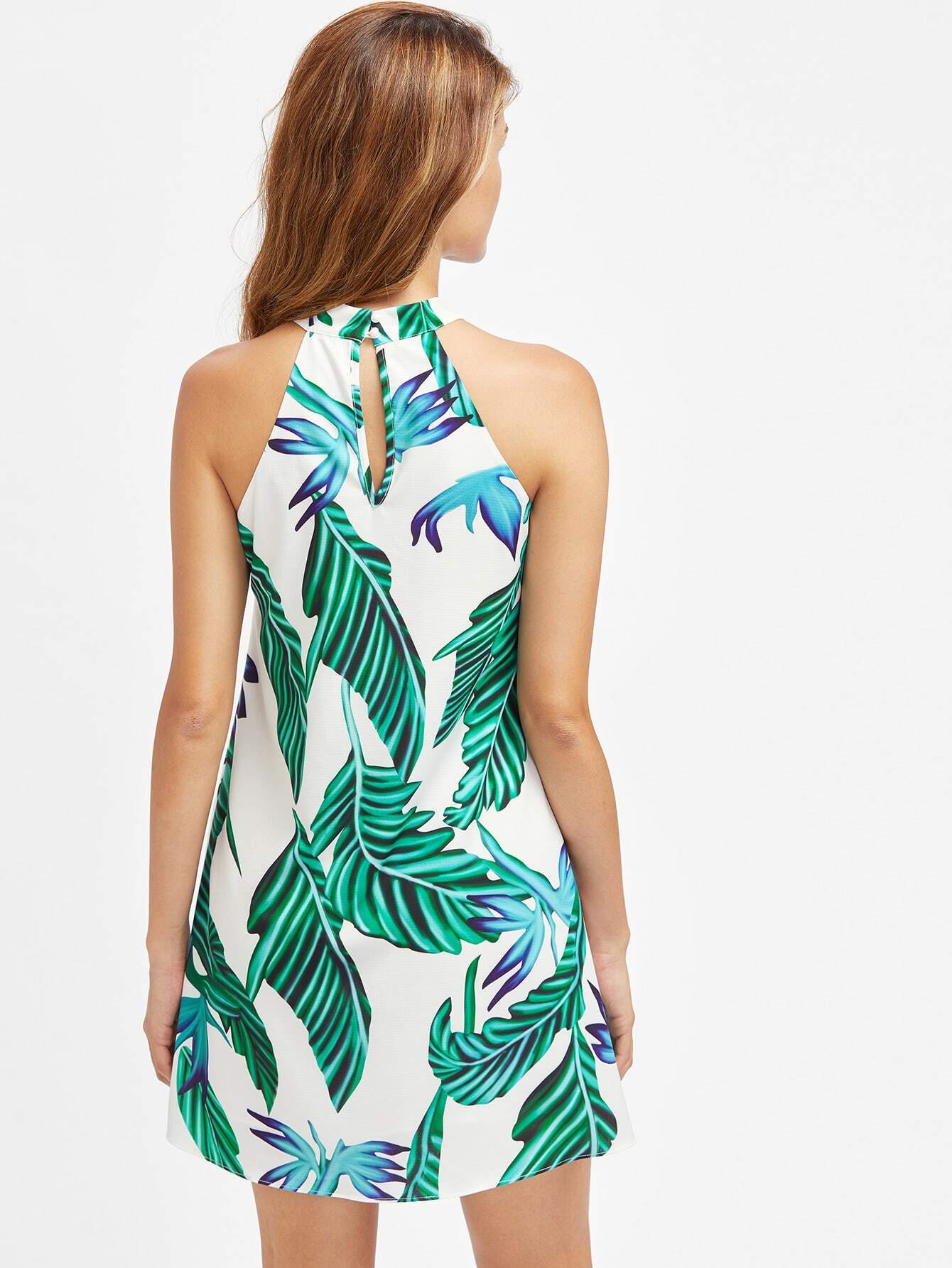 Buttoned Keyhole Halter Neck Swing Tropical Dress Shein Sheinside