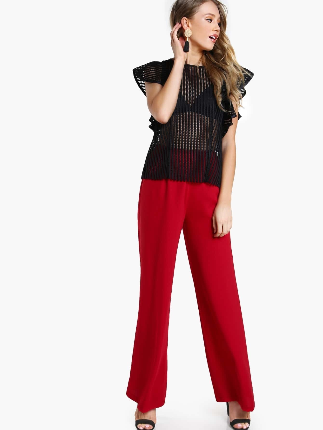 Flutter Sleeve Striped Mesh Top Shein Sheinside