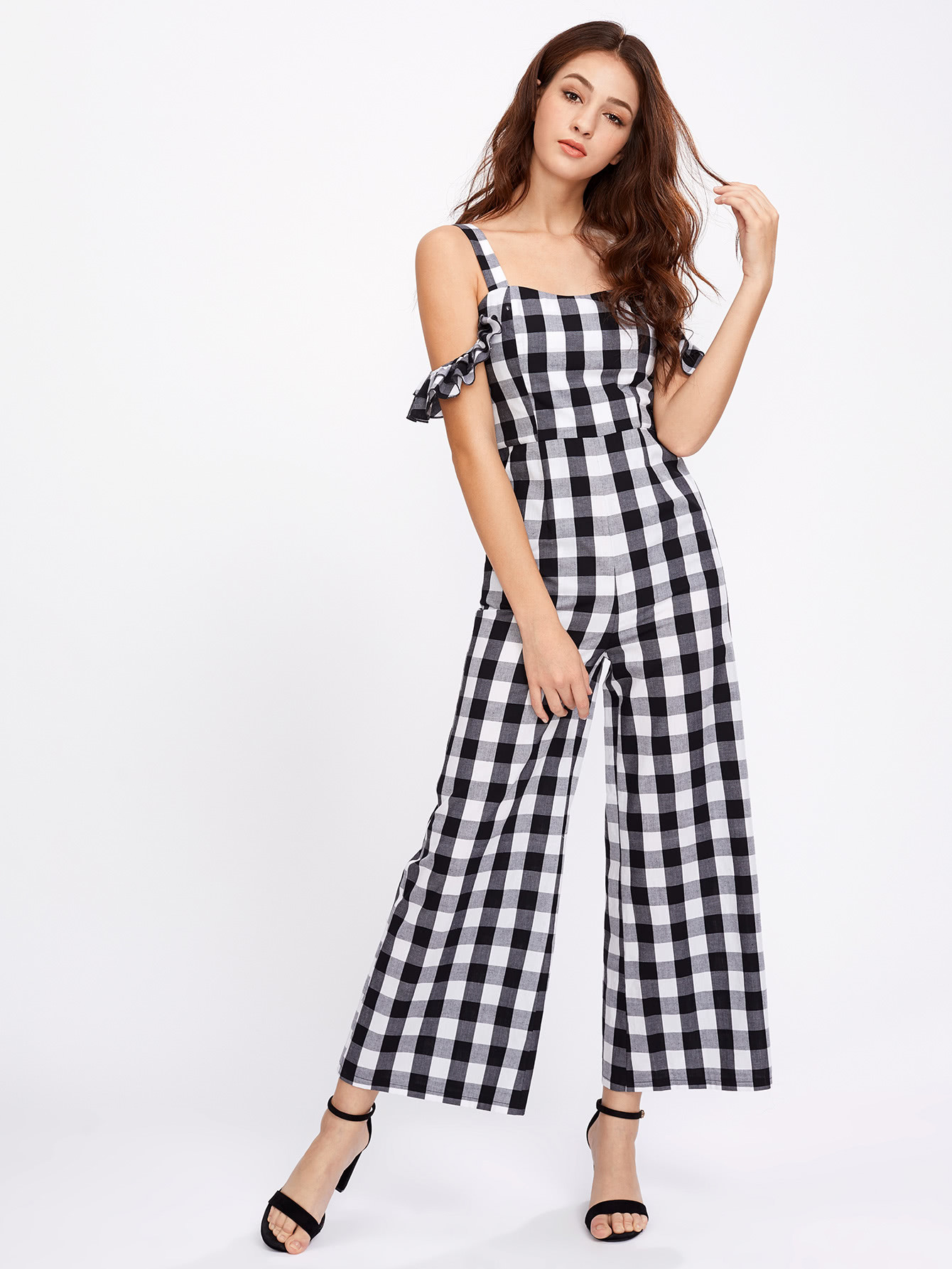 Thick Strap Ruffle Sleeve Checkered Culotte Jumpsuit Shein Sheinside