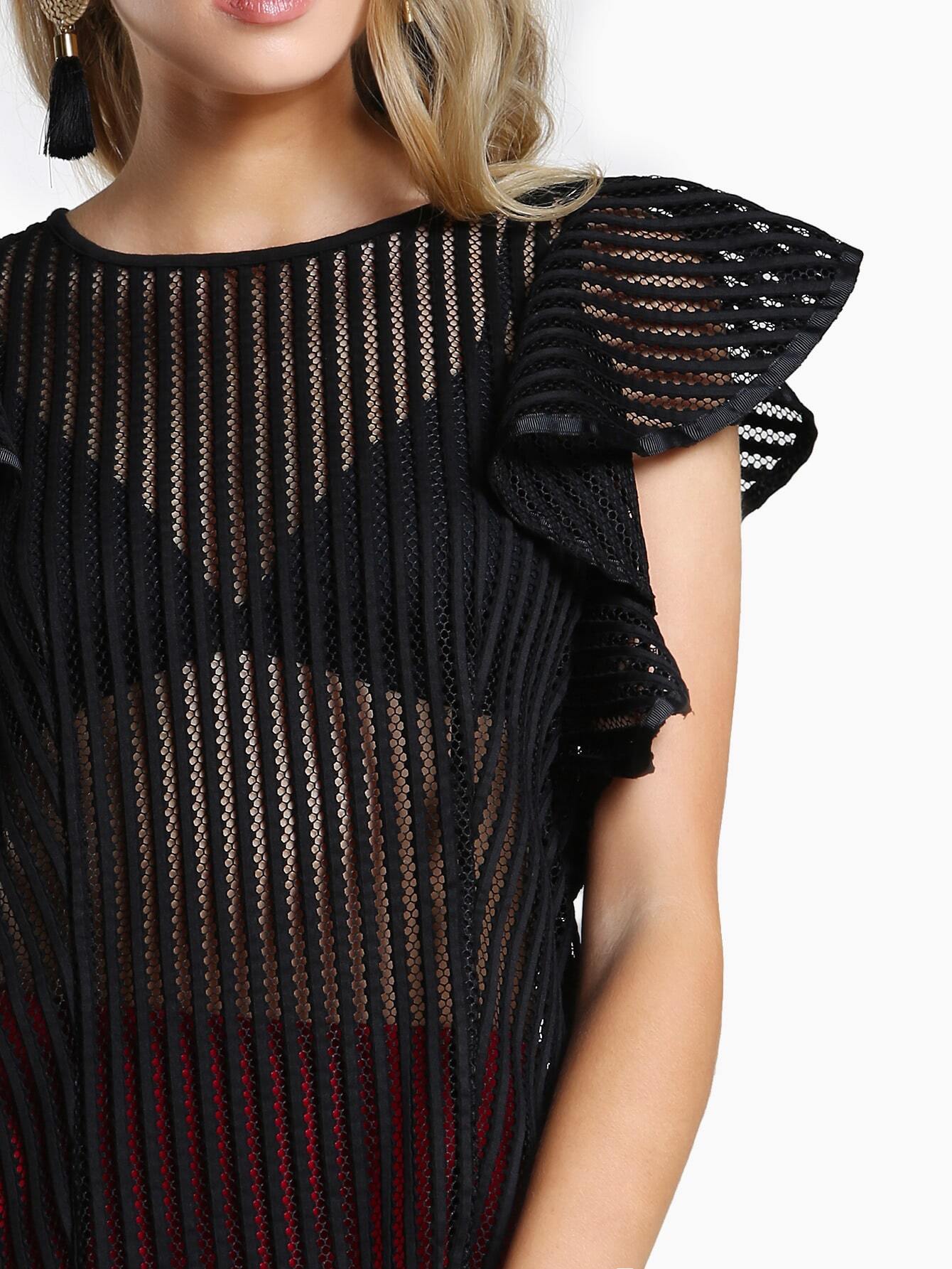 Flutter Sleeve Striped Mesh Top Shein Sheinside