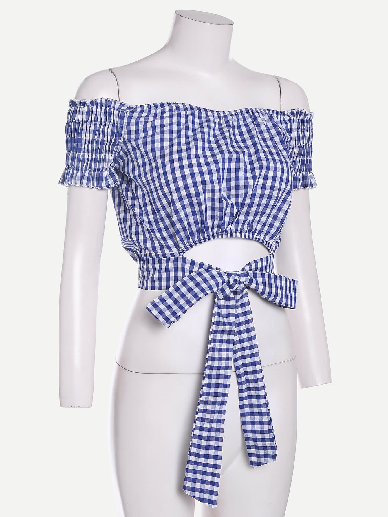 Checkered Tie Waist Crop Top Shein Sheinside