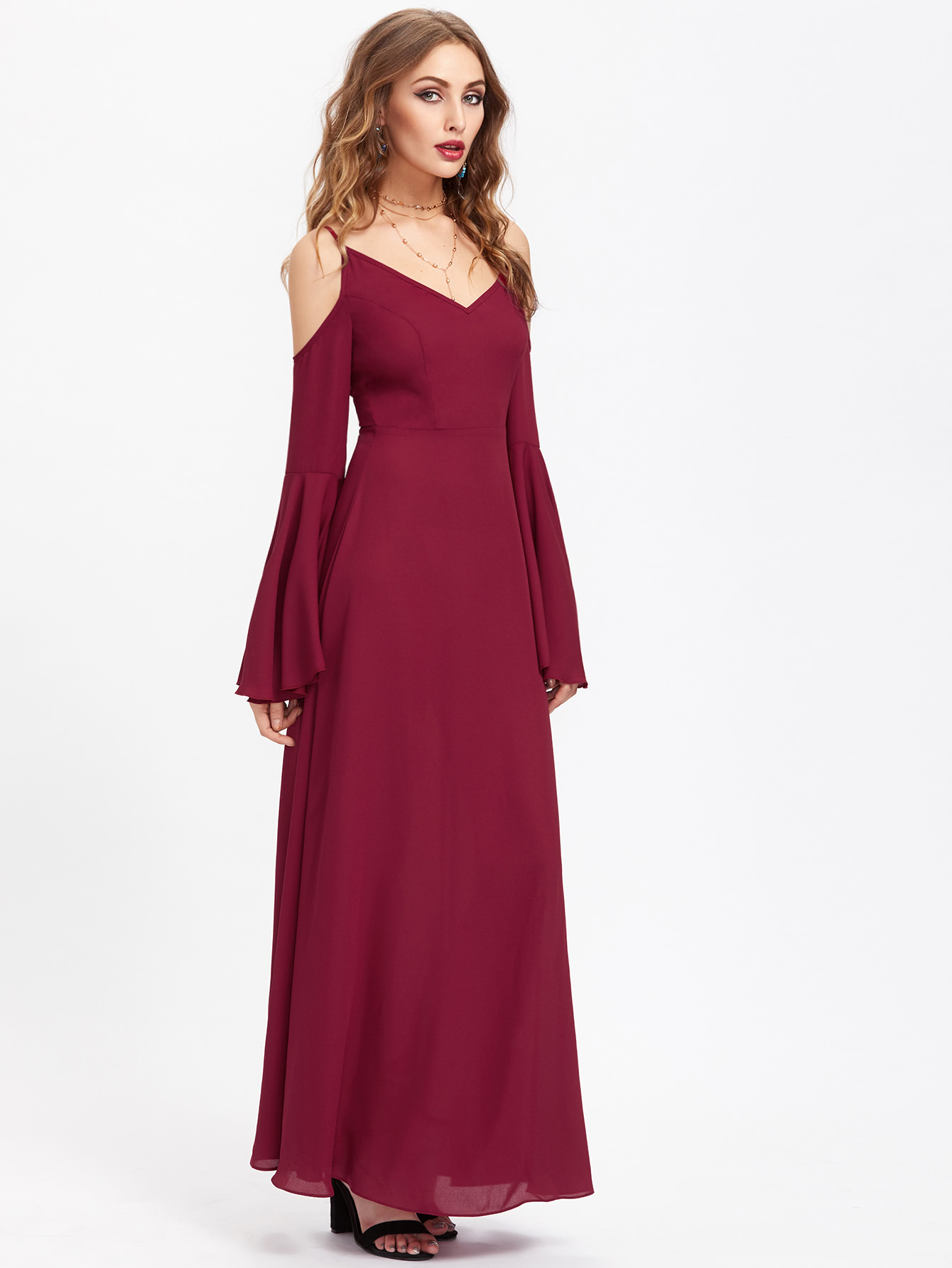 Double V Princess Seam Detail Exaggerated Bell Sleeve Dress Shein