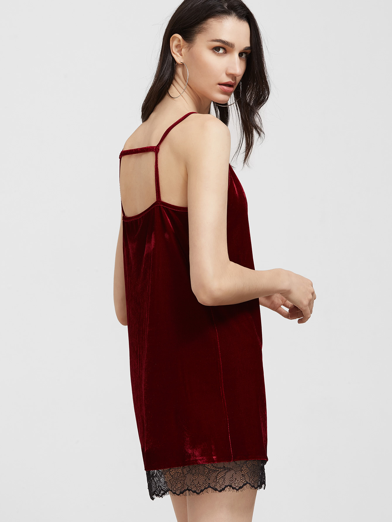 Contrast Lace Trim Strappy Back Velvet Cami Dressfor Women Romwe