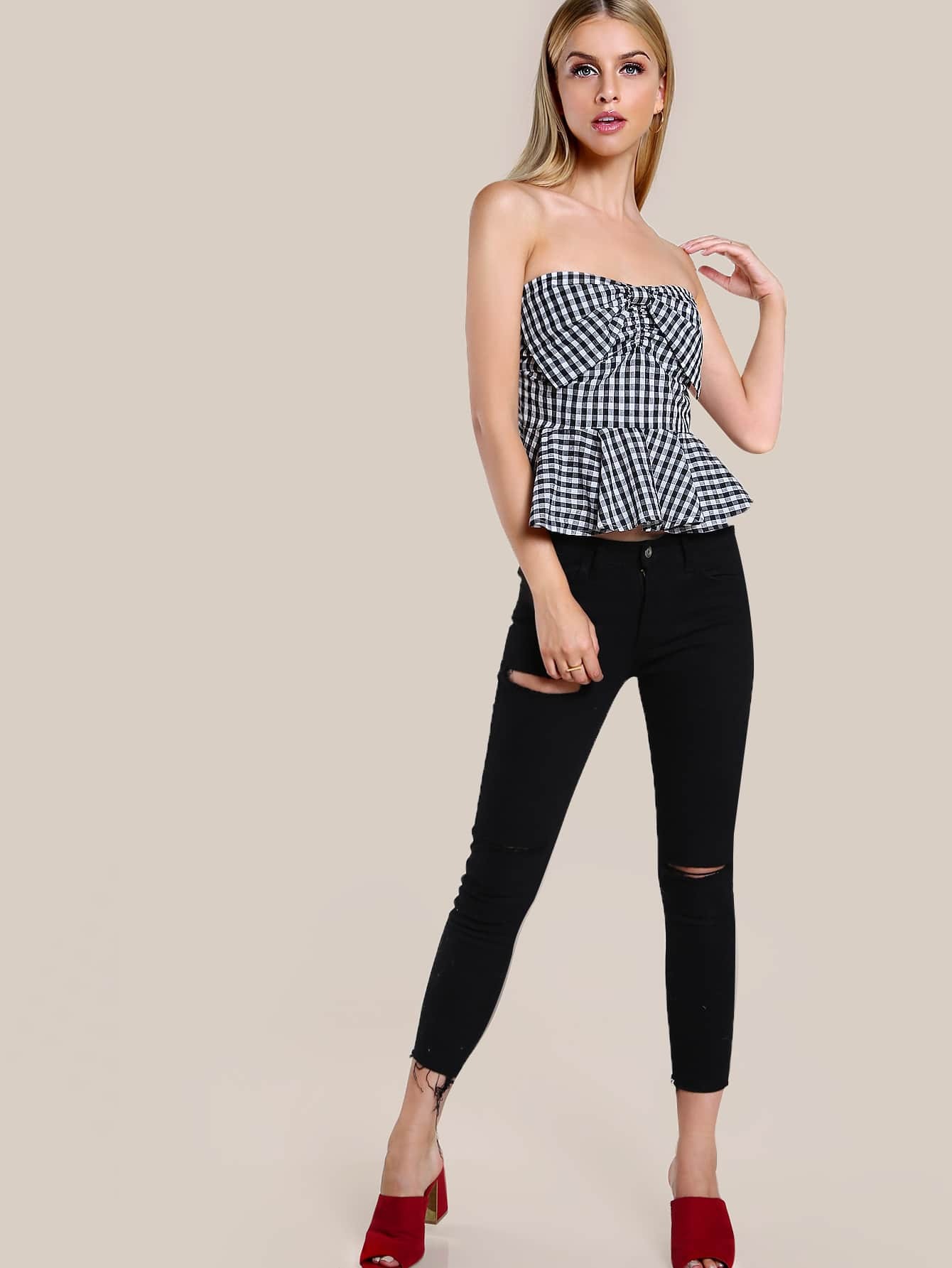 Bow Front Gingham Peplum Bustier Top Shein Sheinside
