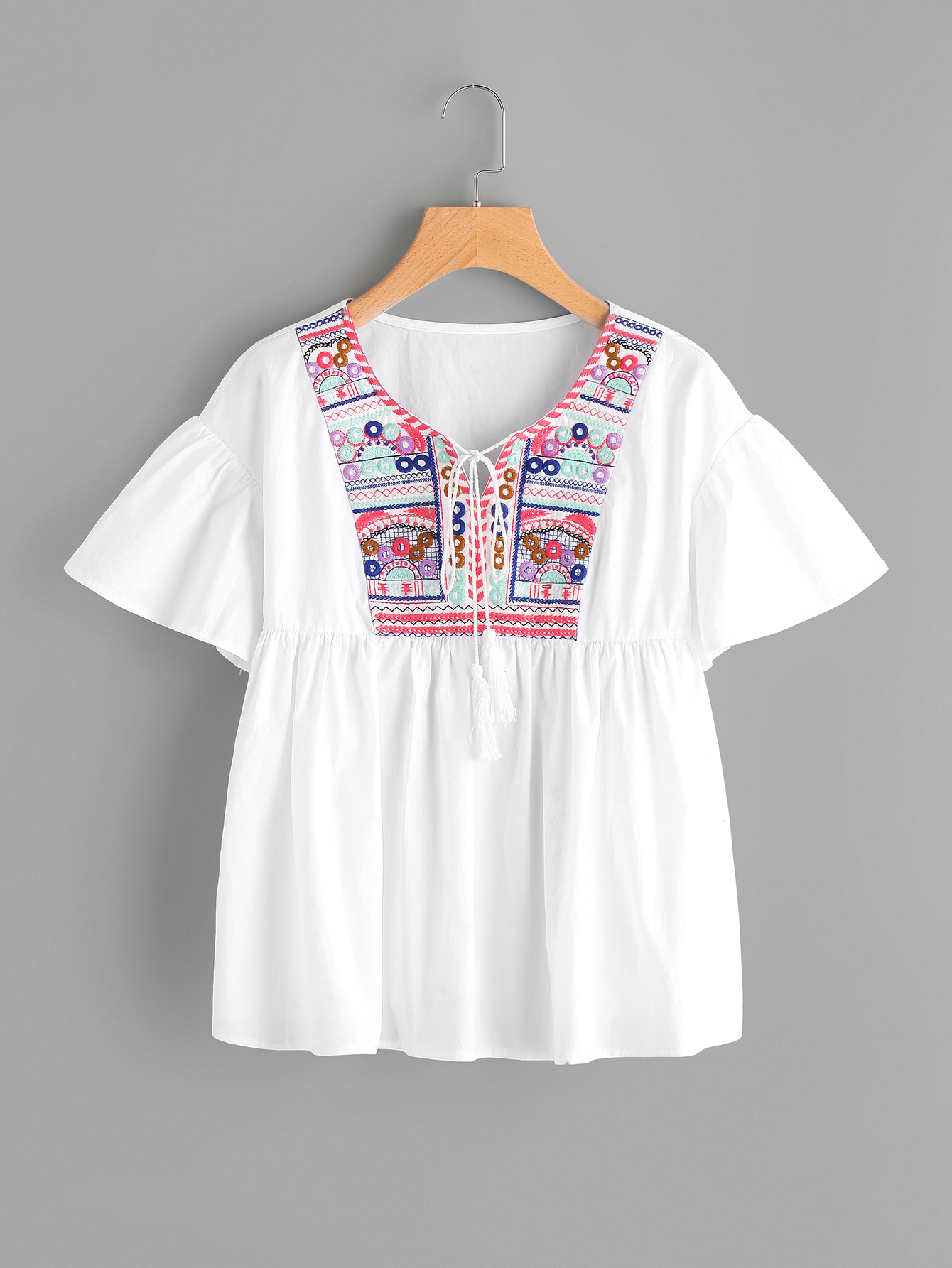 Tassel Tie Embroidered Yoke Flutter Sleeve Smock Top Shein Sheinside