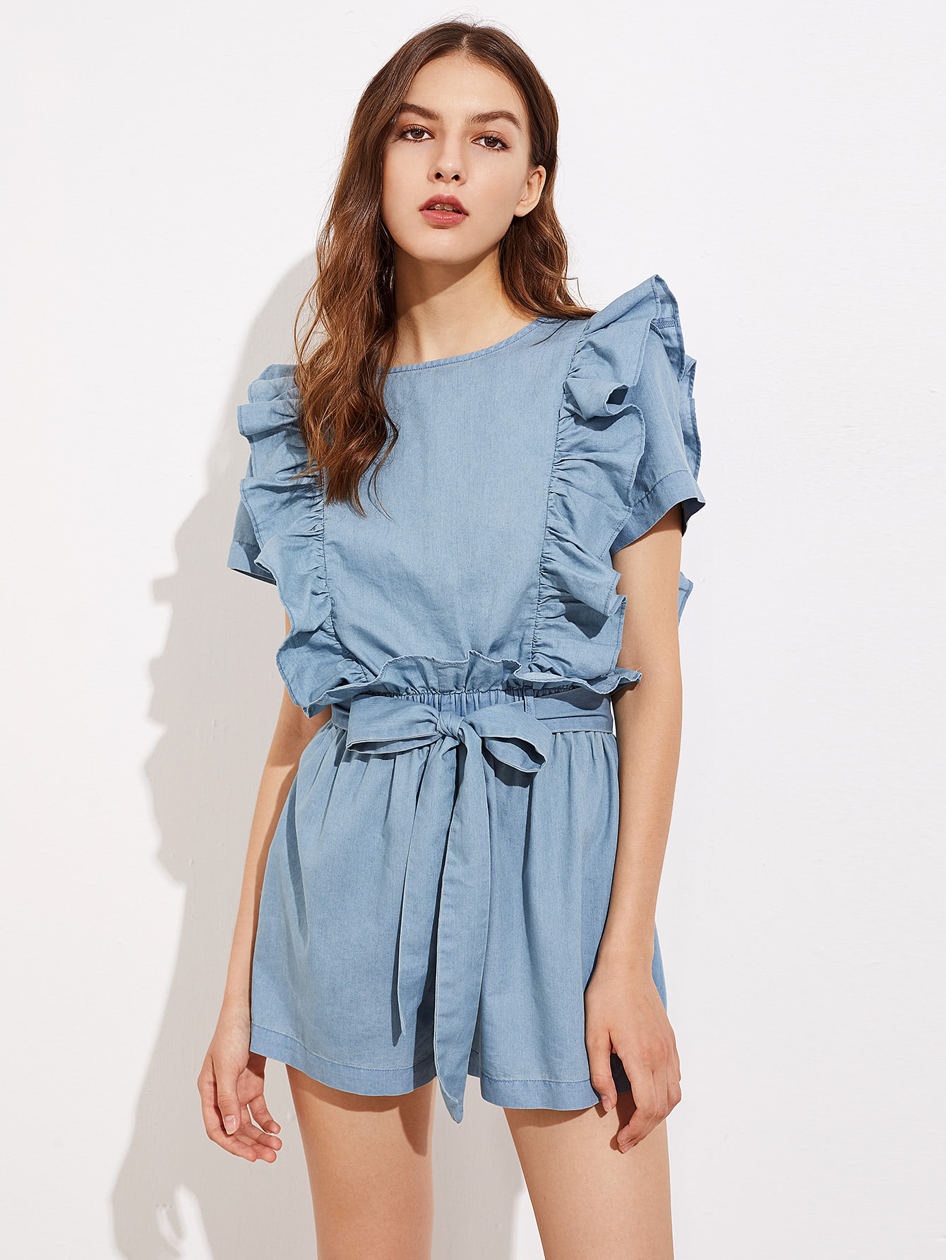 Self Belt Elastic Waist Ruffle Detail Chambray Romper Shein Sheinside