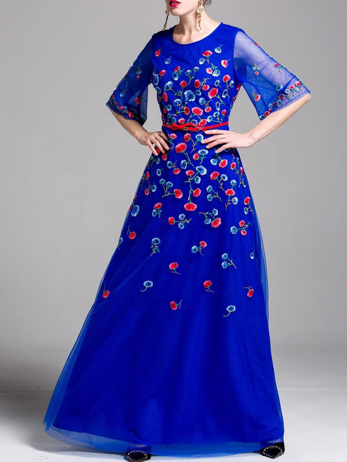 Flowers Embroidered Belted Maxi Dress Shein Sheinside