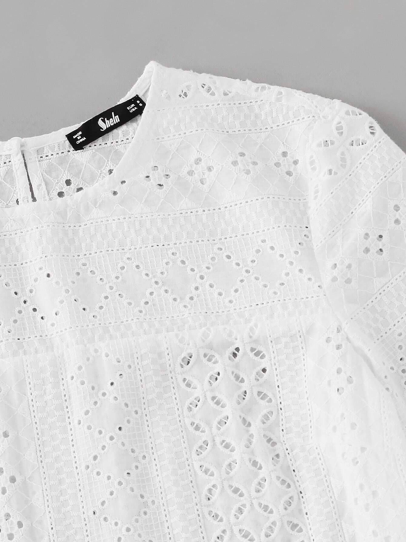 Eyelet Embroidery Ruffle Trim Sleeve Top Shein Sheinside