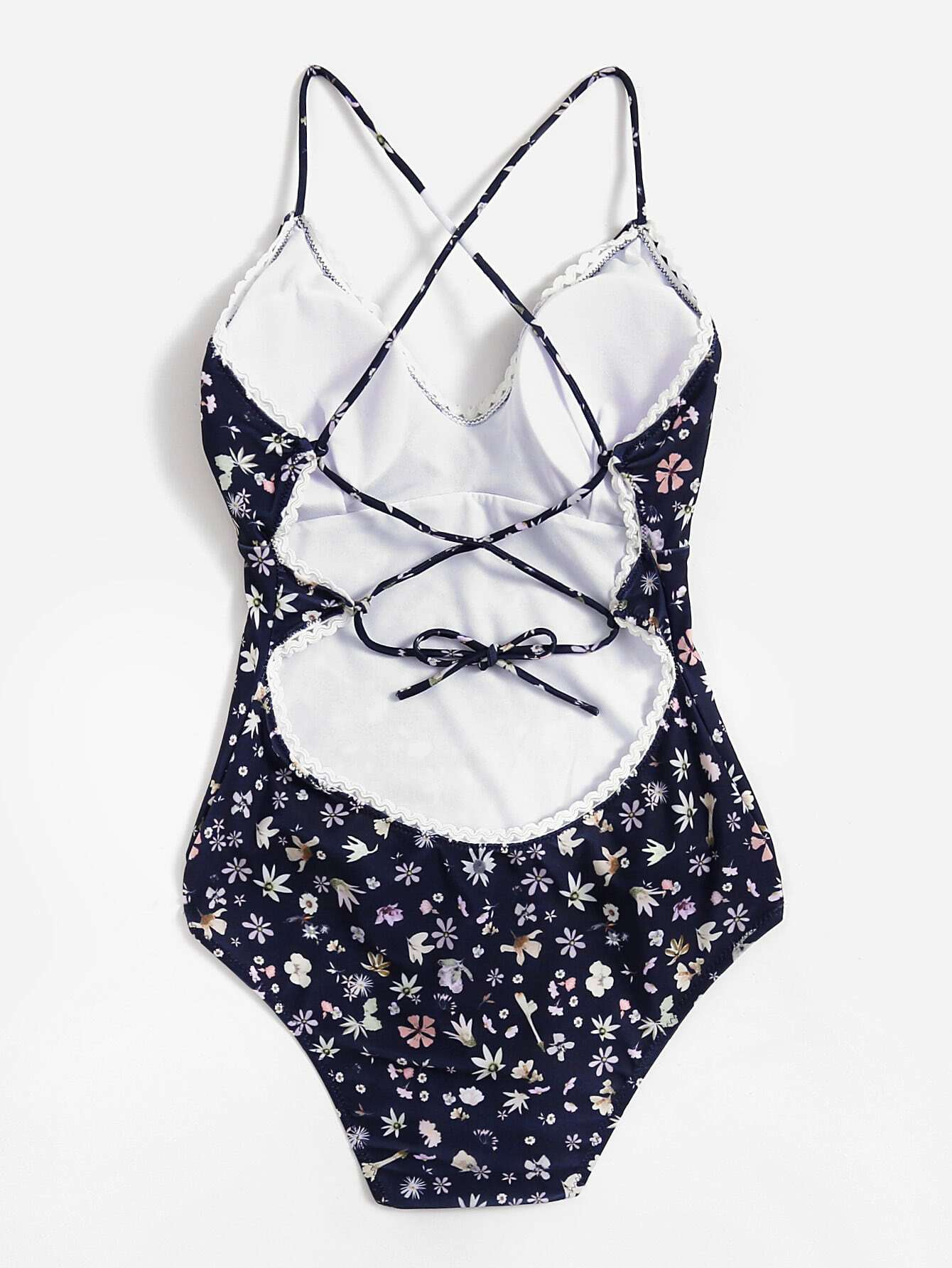 Daisy Print Plunge Neck One Piece Swimsuit Shein Sheinside