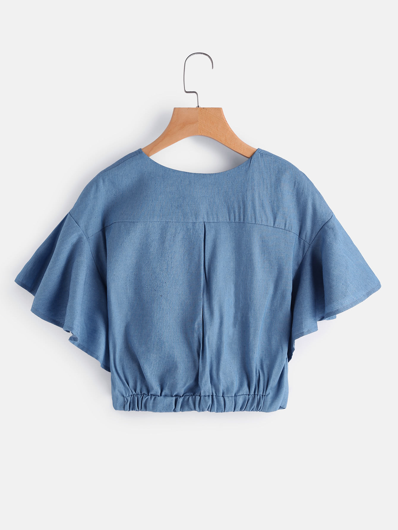 Twist Knot Front Flutter Sleeve Denim Crop Top Shein Sheinside