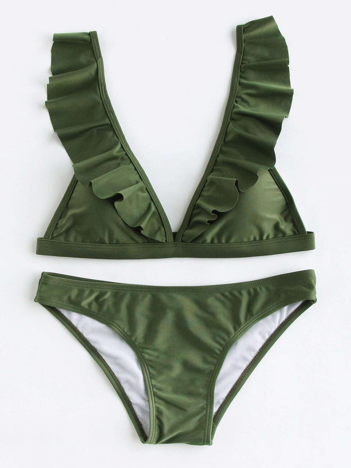 Ruffle Trim Plunge Neckline Bikini Set Shein Sheinside