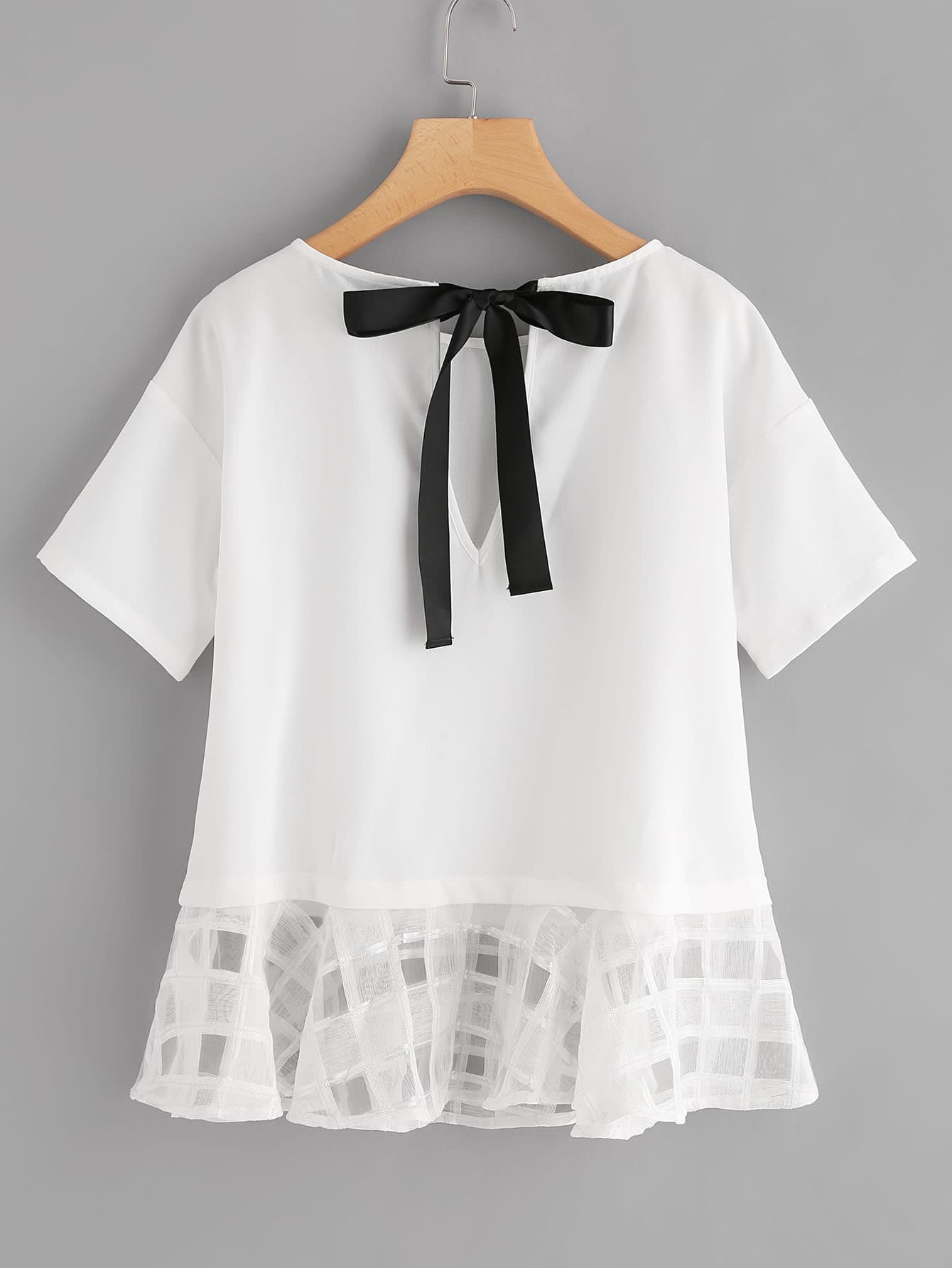 Bow Back Checkered Mesh Trim Top Shein Sheinside