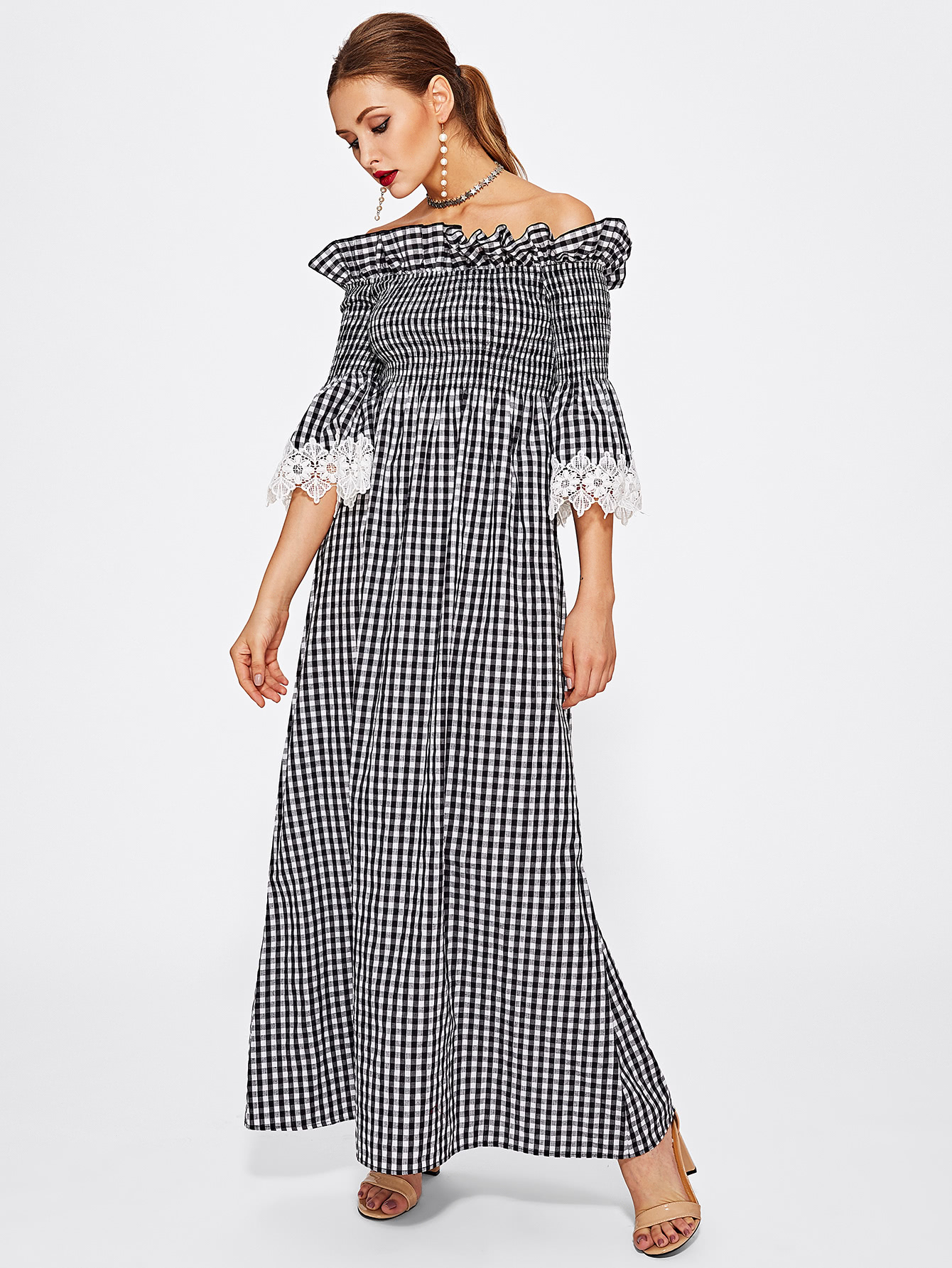 Contrast Lace Cuff Frill Detail Smocked Gingham Dress Shein Sheinside