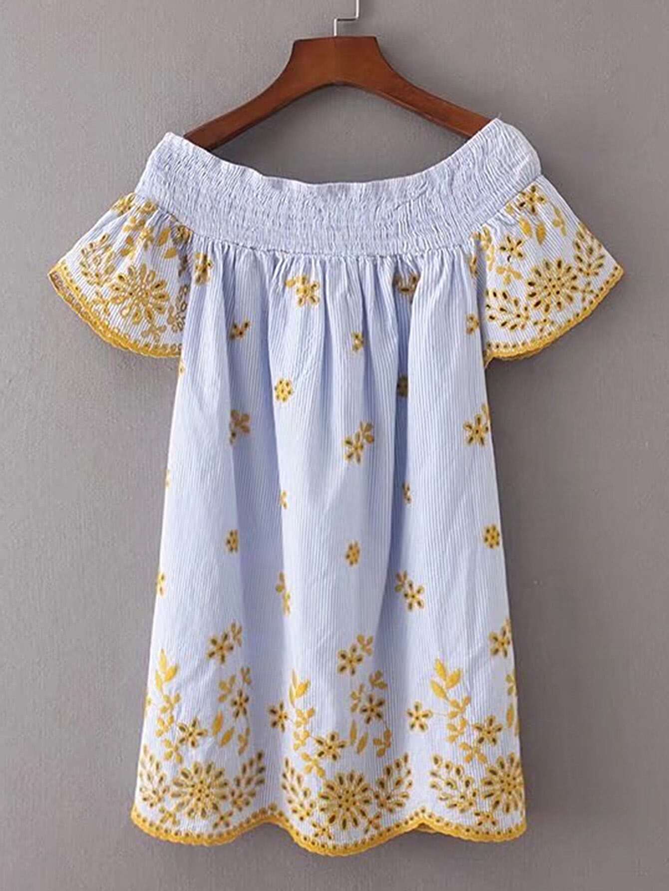 Shirred Off The Shoulder Embroidery Top Shein Sheinside