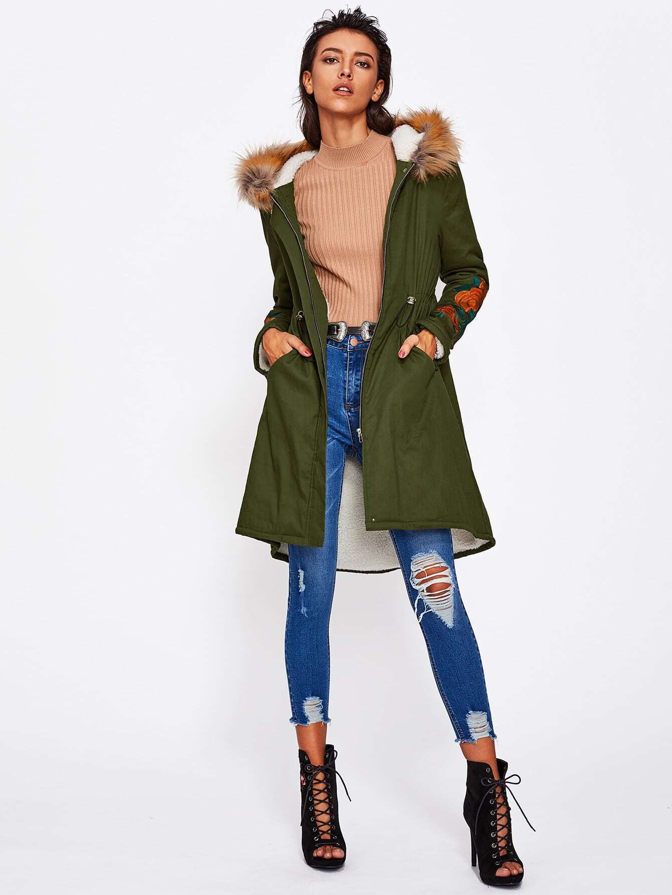 Faux Fur Hoodie Fleece Lined Embroidered Parka Coat Shein Sheinside