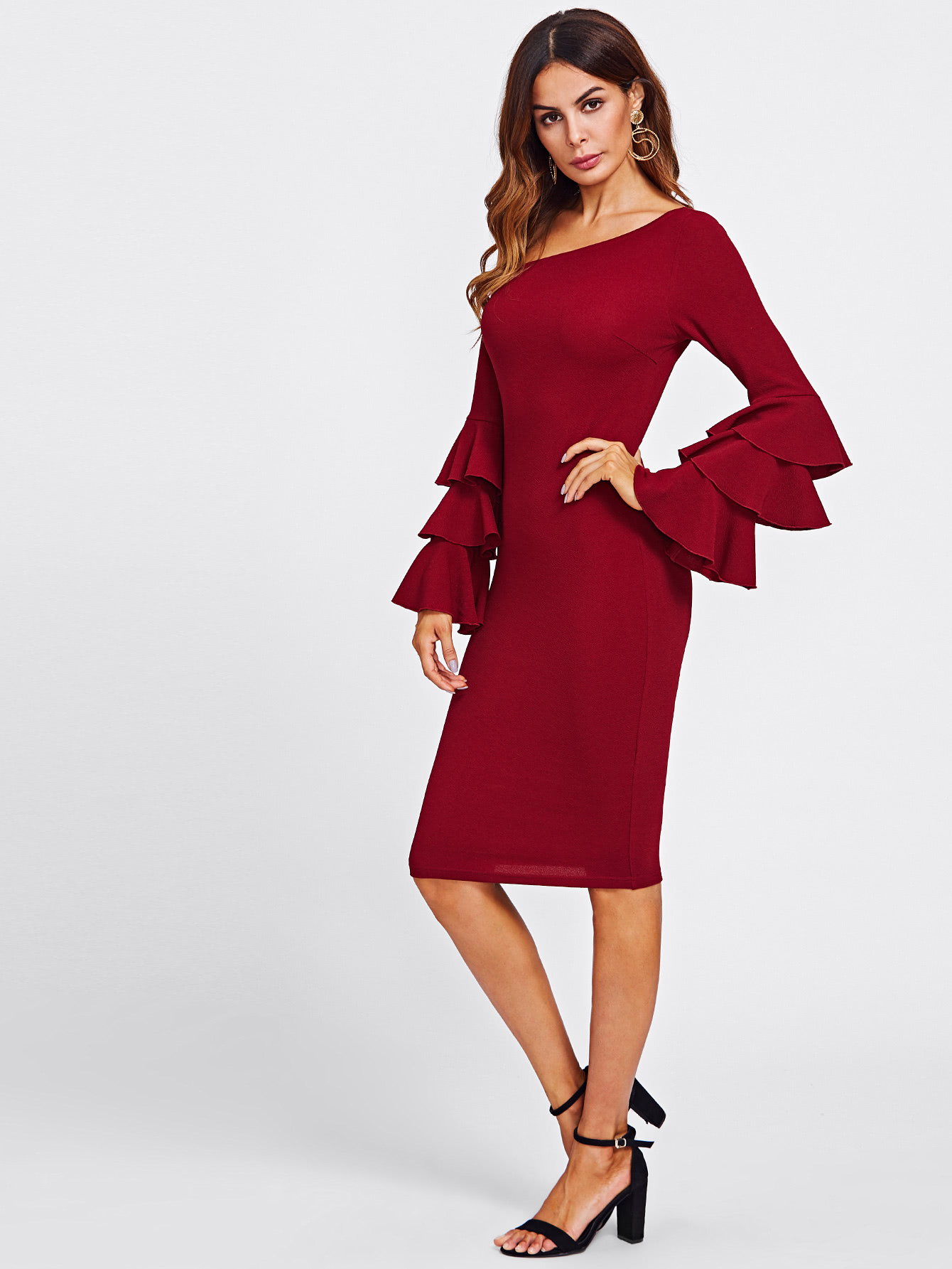 Layered Bell Sleeve Asymmetric Shoulder Dress Shein Sheinside