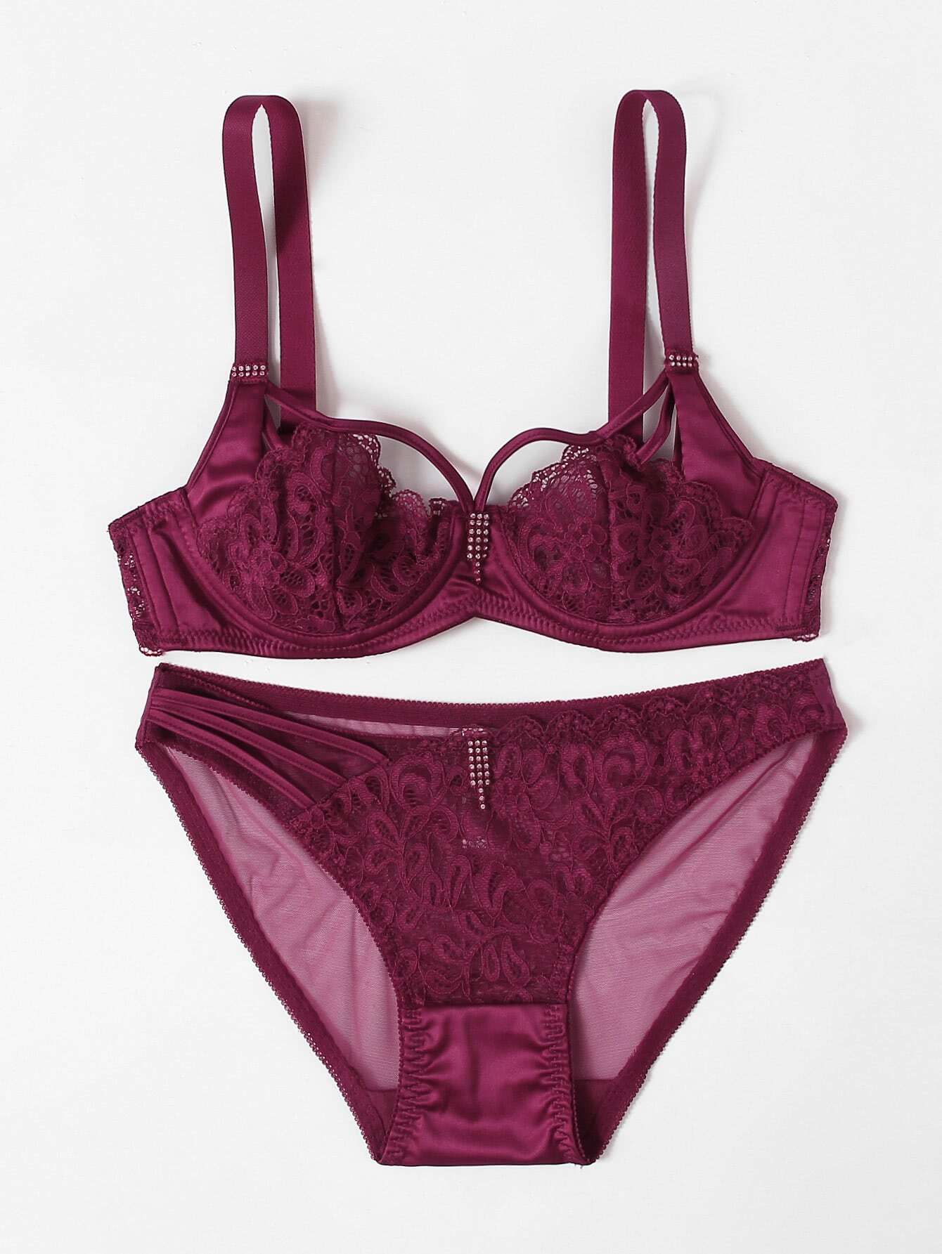 Lace Insert Mesh Lingerie Set Shein Sheinside
