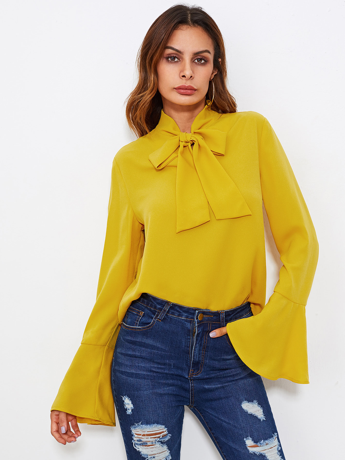 Bow Tied Neck Bell Cuff Curved Hem Blouse Shein Sheinside