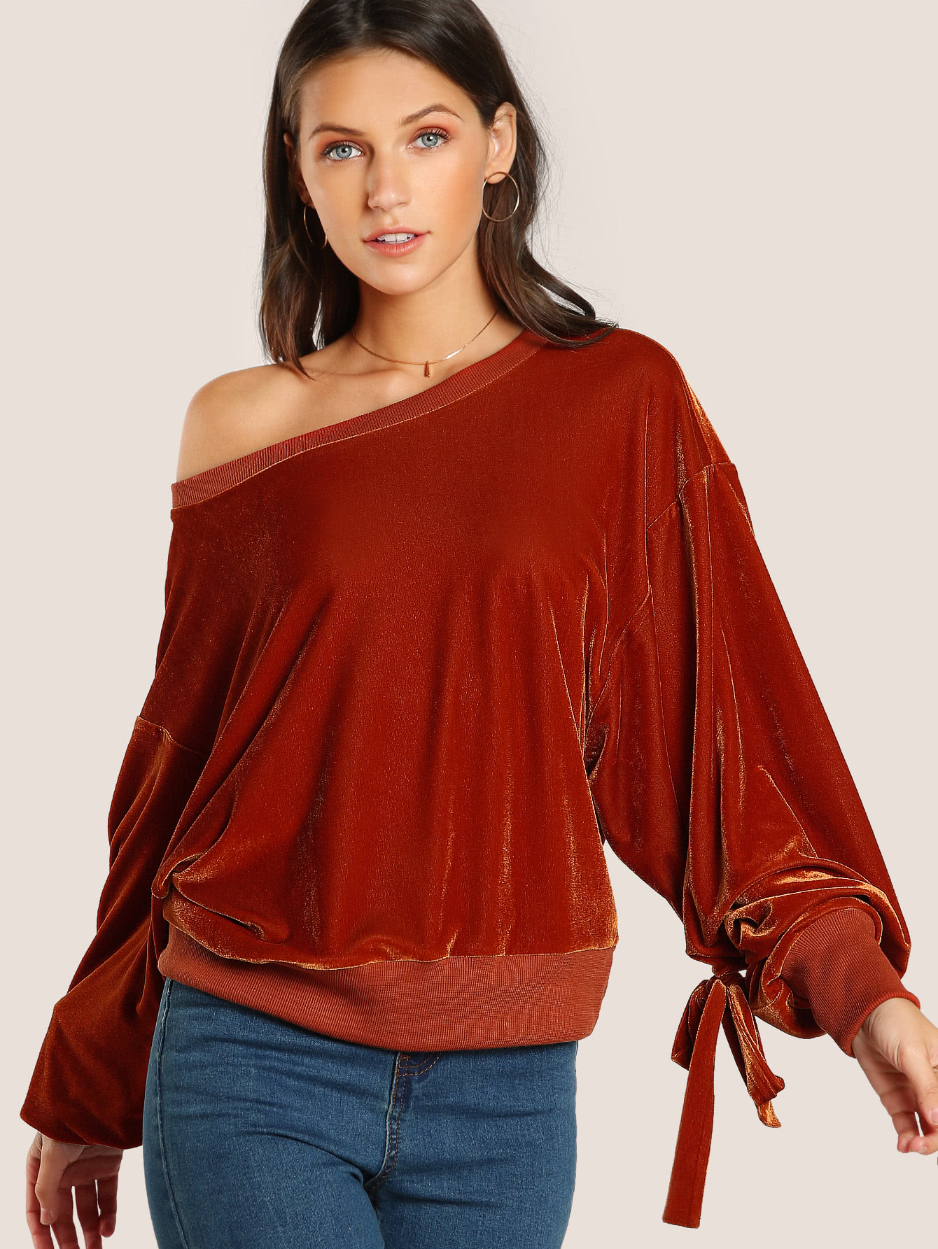 Bow Tie Exaggerate Lantern Sleeve Velvet Sweatshirt Shein Sheinside