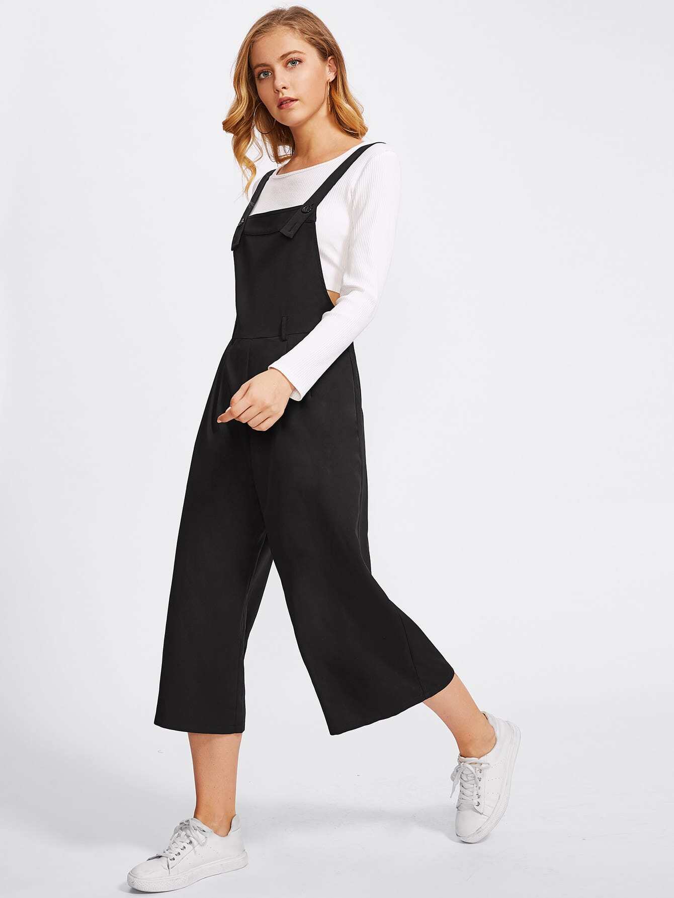 Buttoned Strap Elastic Waist Culotte Jumpsuit Shein Sheinside