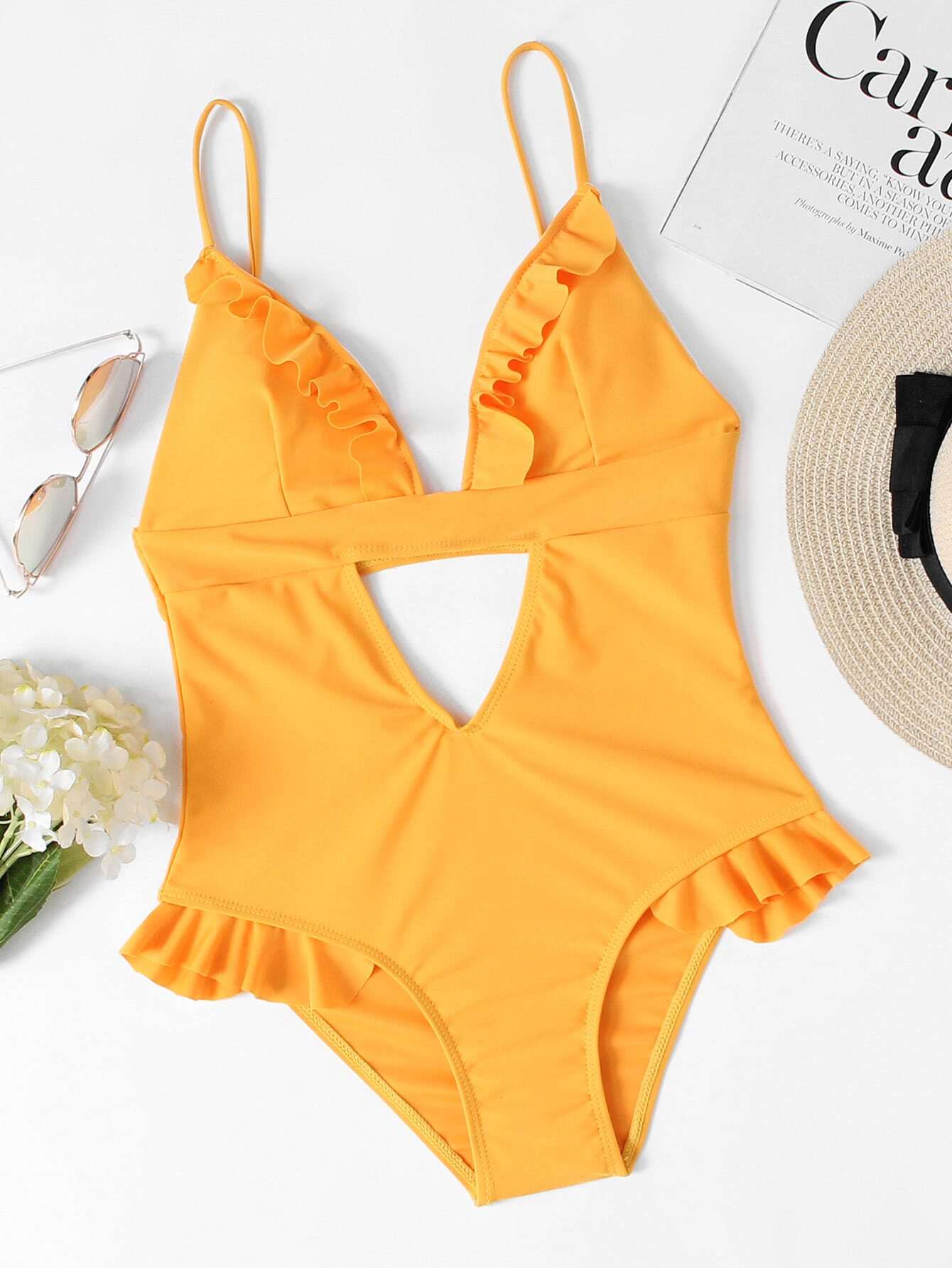 Ruffle Detail Cut Out Swimsuit Sheinsheinside
