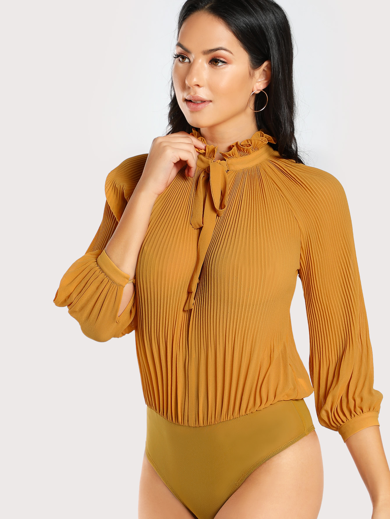 Frilled Collar Tie Back Pleated Blouse Bodysuit Emmacloth Women Fast