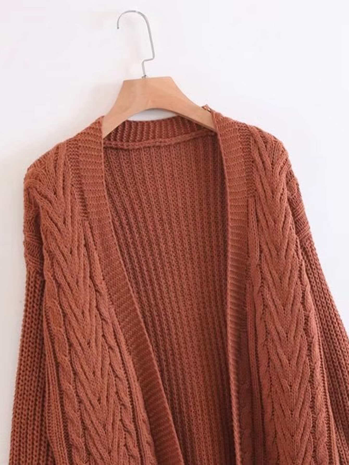 Open Front Cable Knit Longline Sweater Coat Shein Sheinside
