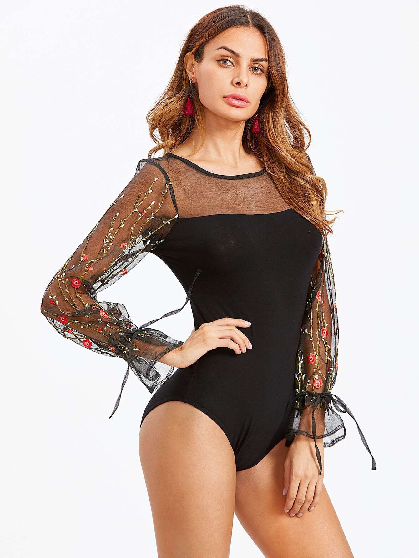 Mesh Yoke And Embroidery Sleeve Tied Cuff Bodysuit Shein Sheinside