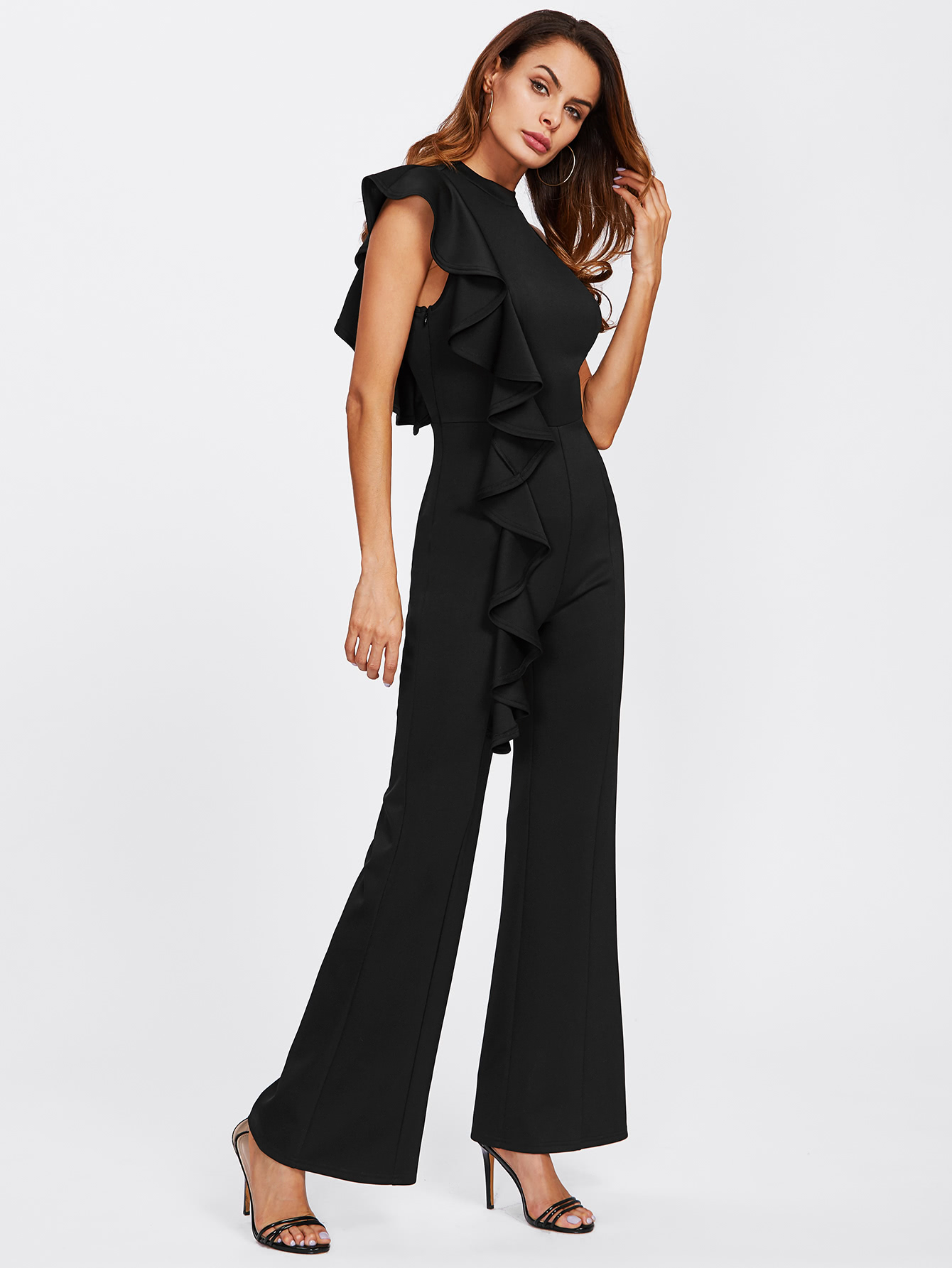 Asymmetrical Flounce Cutout Back Flare Hem Jumpsuit Shein Sheinside