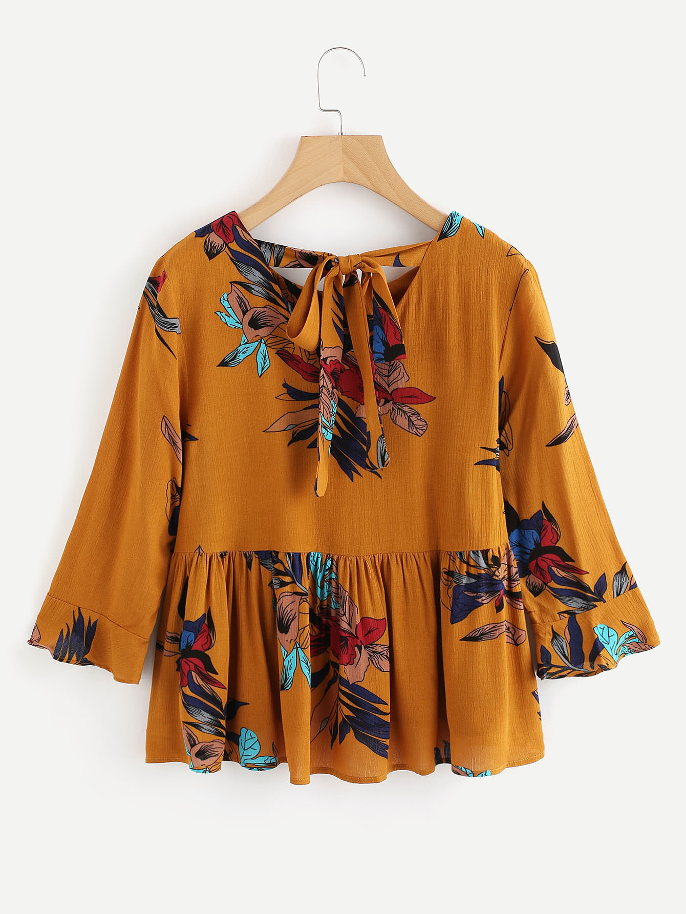 Floral Print Frill Dip Hem Tie Back Blouse Shein Sheinside