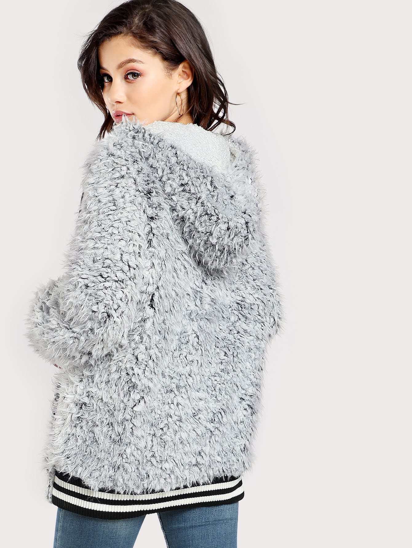 Striped Trim Faux Fur Hoodie Jacket Shein Sheinside