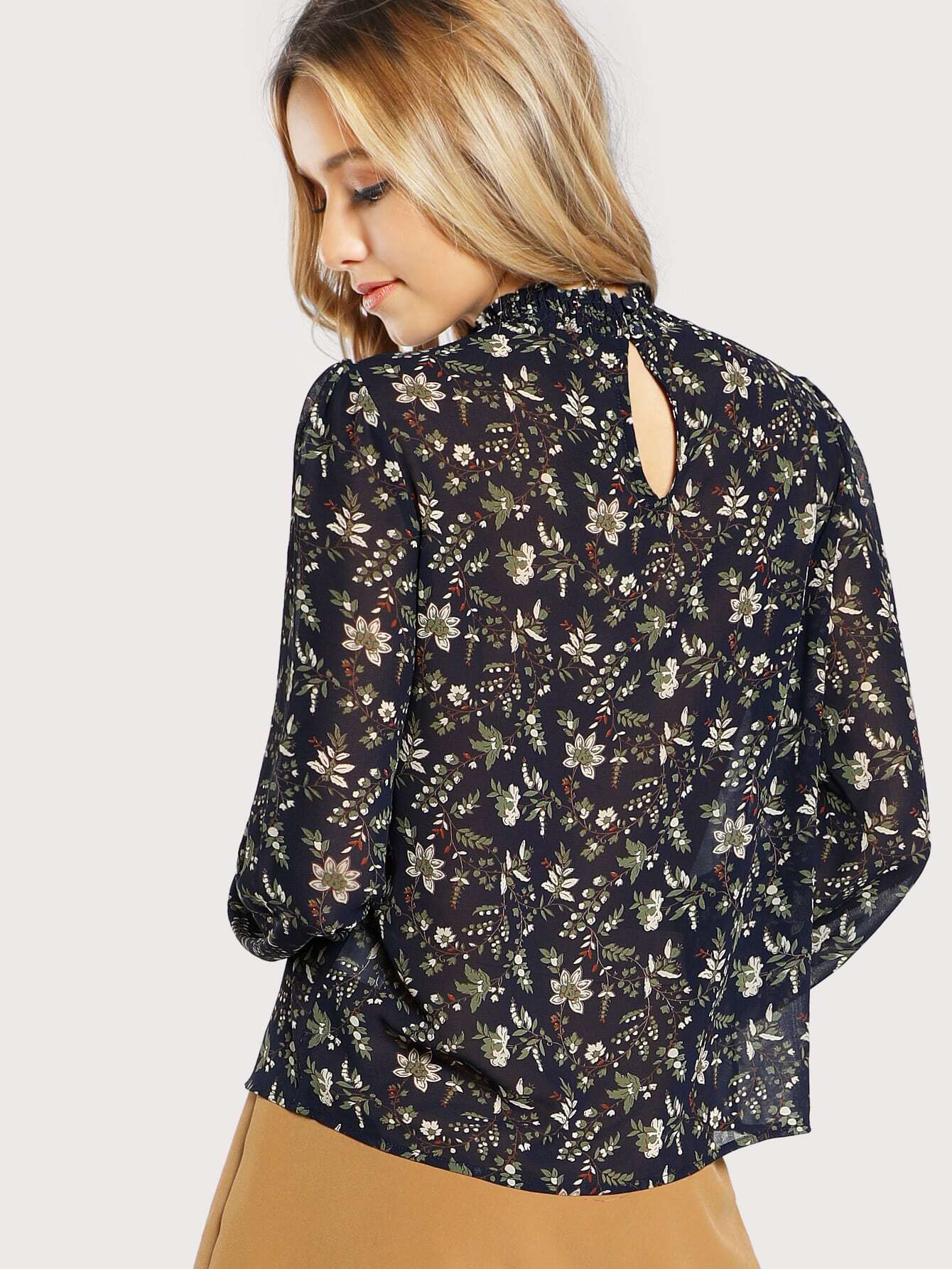 Buttoned Keyhole Back Bishop Sleeve Floral Blouse Shein Sheinside