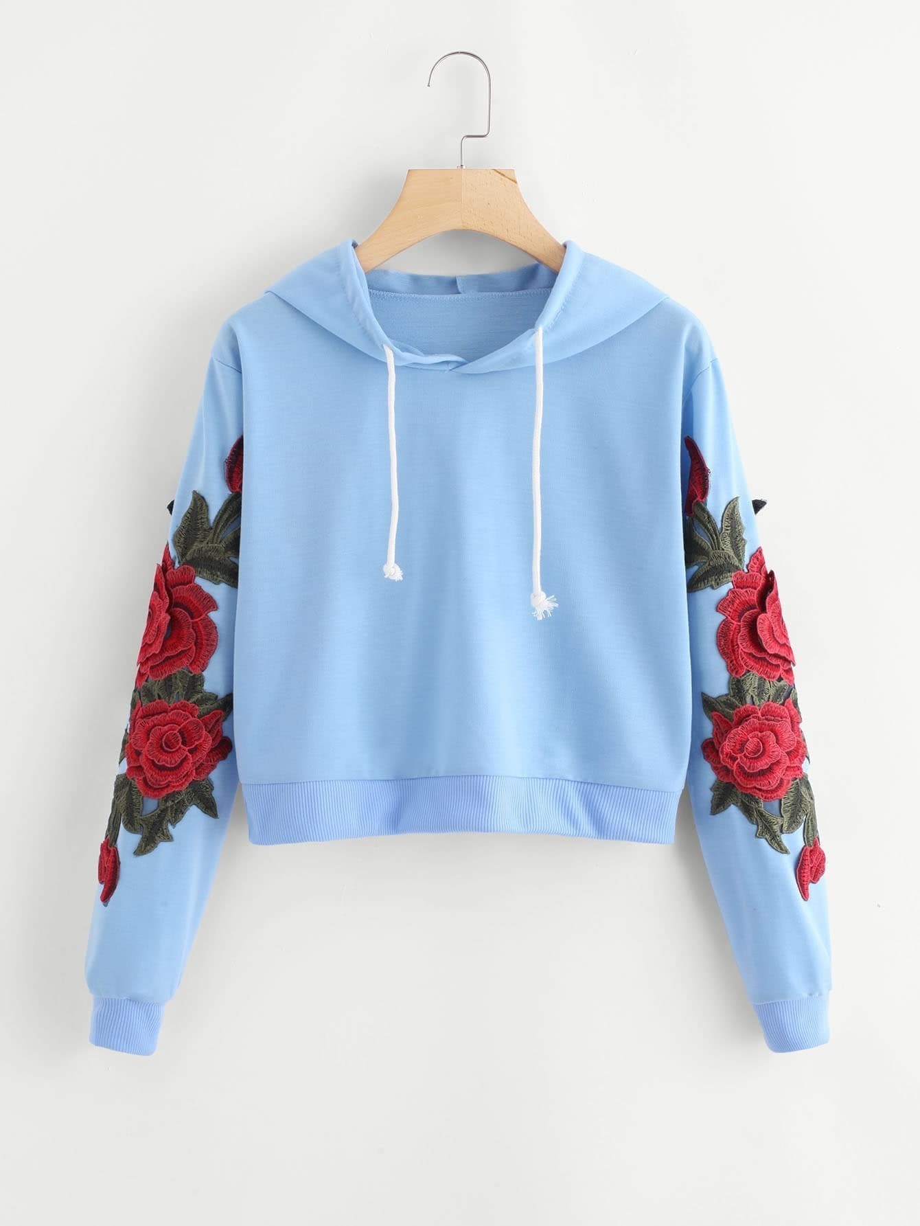 Embroidered Rose Applique Sleeve Hoodiefor Women Romwe