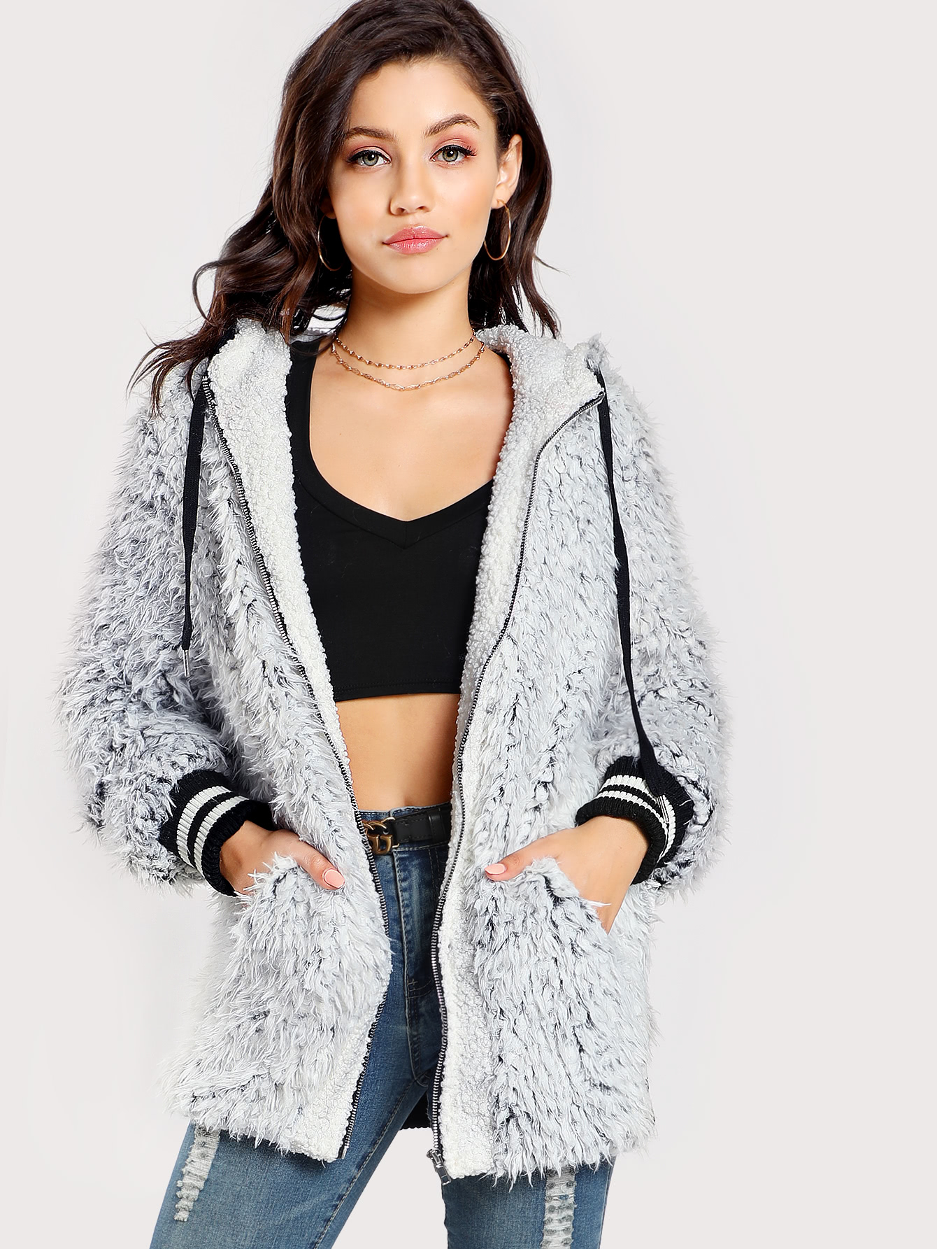 Striped Trim Faux Fur Hoodie Jacket Shein Sheinside
