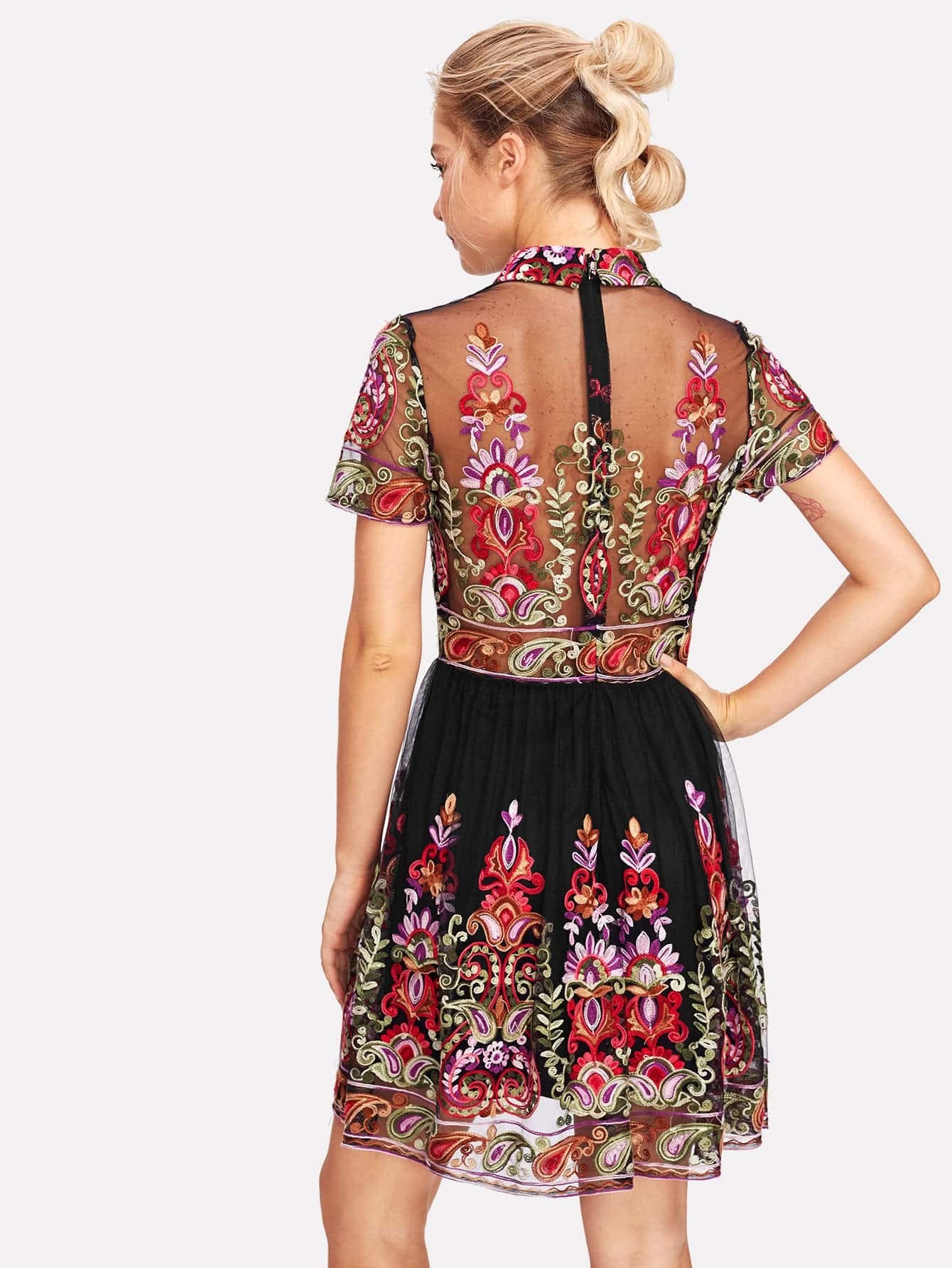 Embroidered Mesh Overlay Skater Dress Shein Sheinside
