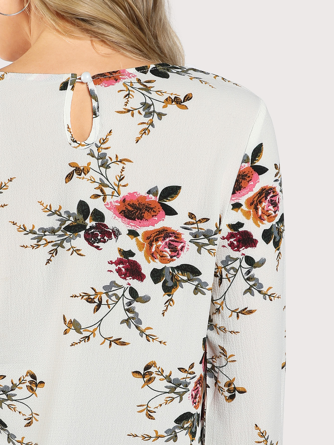Flower Print Keyhole Back Curve Hem Blouse Shein Sheinside