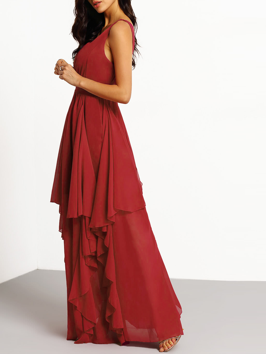 Burgundy Deep V Neck Maxi Chiffon Dress Emmacloth Women Fast Fashion Online