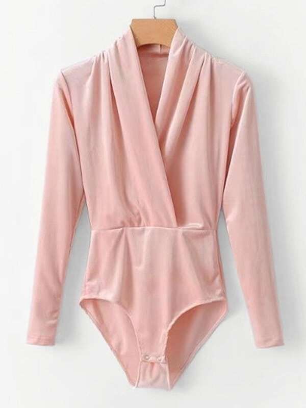 Surplice V Neckline Velvet Bodysuit Shein Sheinside