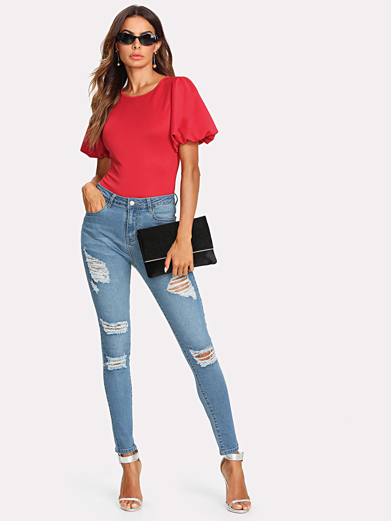 Exaggerated Bishop Sleeve Solid Bodysuit Shein Sheinside