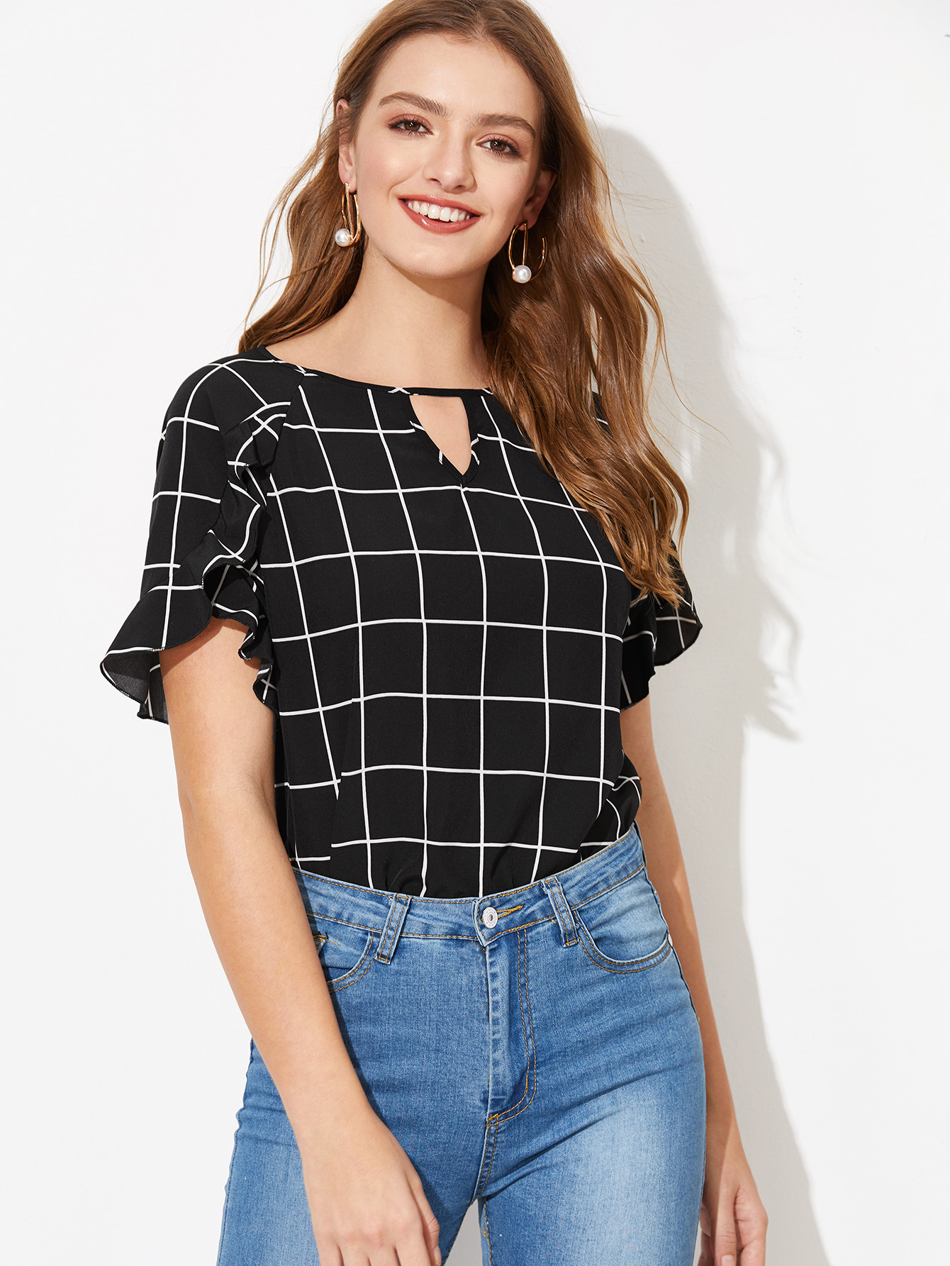 Keyhole Neck Ruffle Overlap Sleeve Grid Top