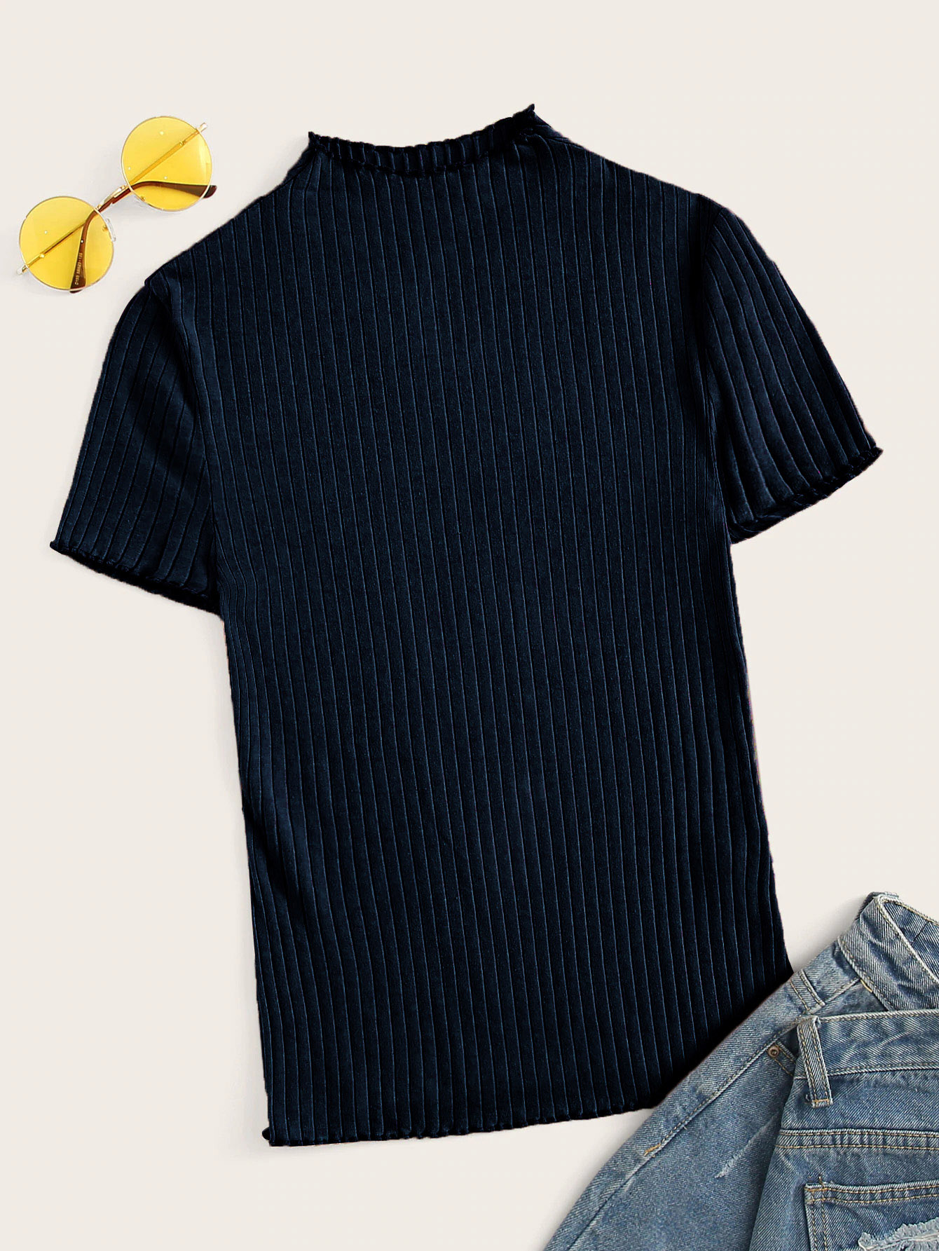 Mock Neck Lettuce Trim Rib Knit Tee